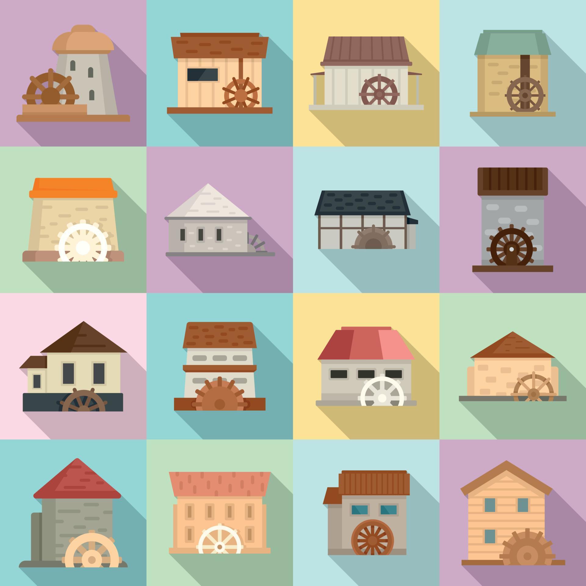 Water Mill Icons Set Flat Style 8840509 Vector Art At Vecteezy