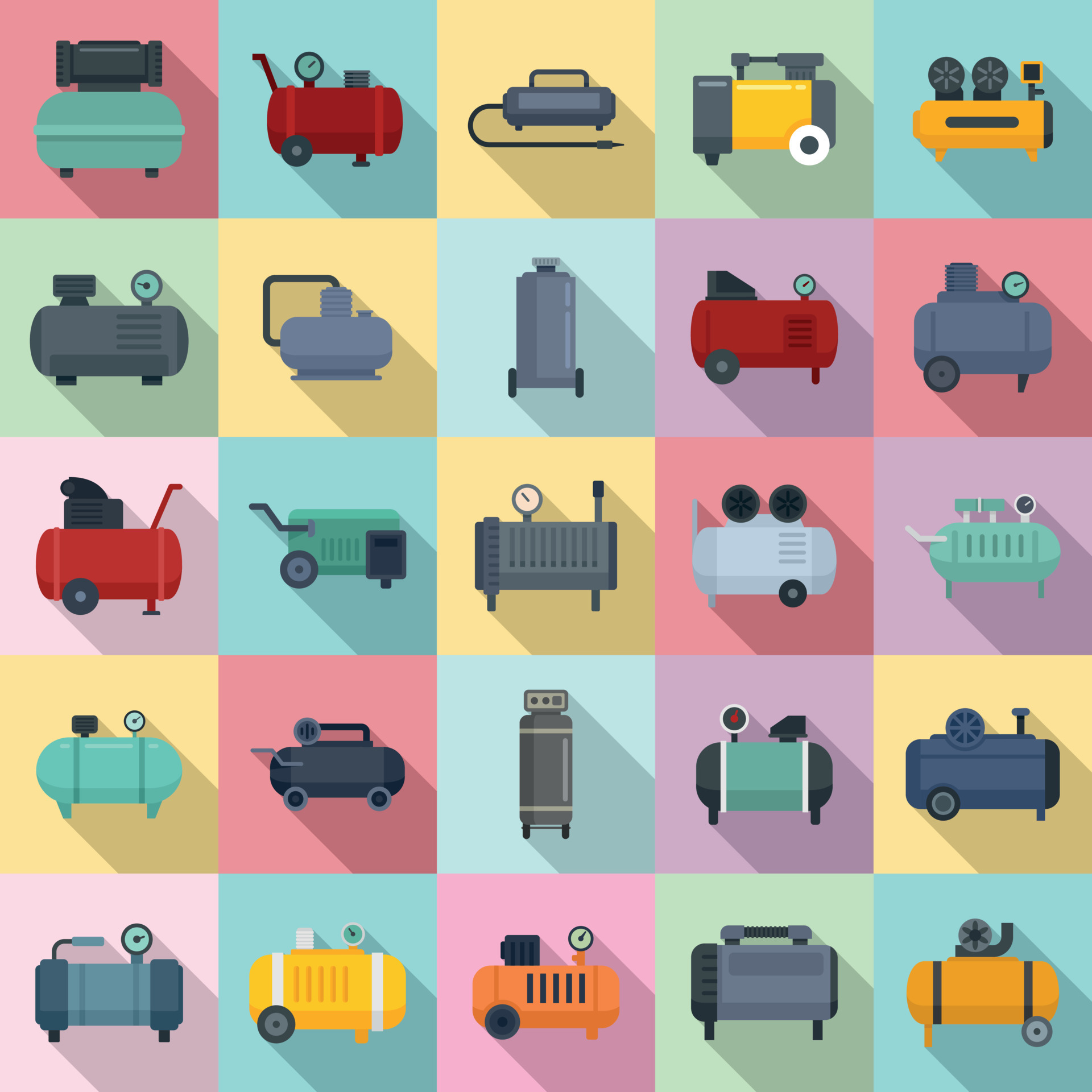 Air compressor icons set, flat style 8849748 Vector Art at Vecteezy