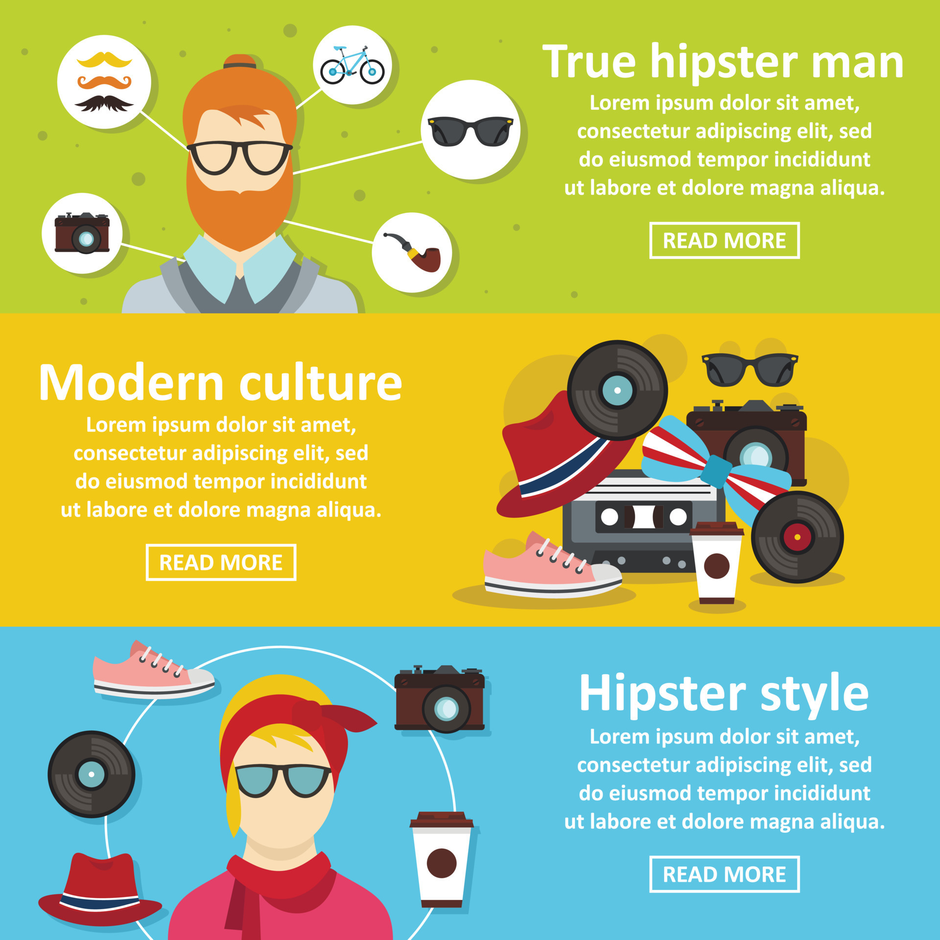 Hipster style banner horizontal set, flat style 8851433 Vector Art at ...