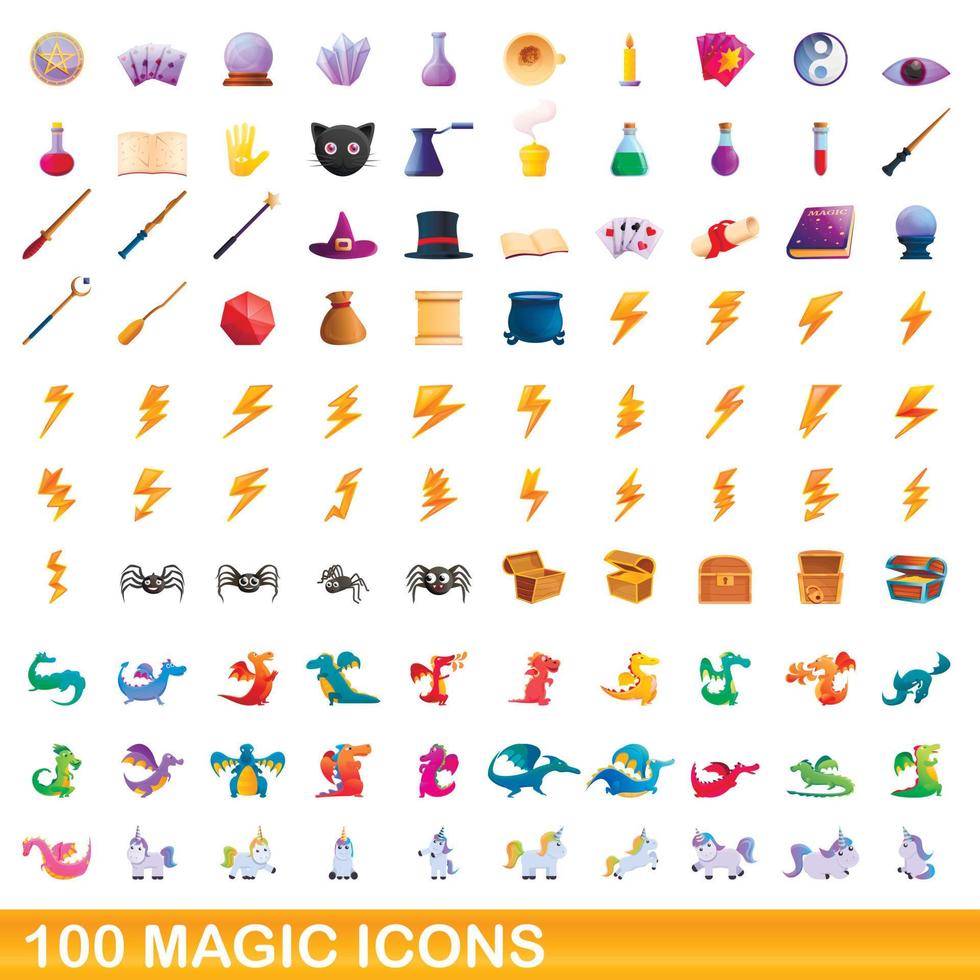 100 magic icons set, cartoon style 8855038 Vector Art at Vecteezy