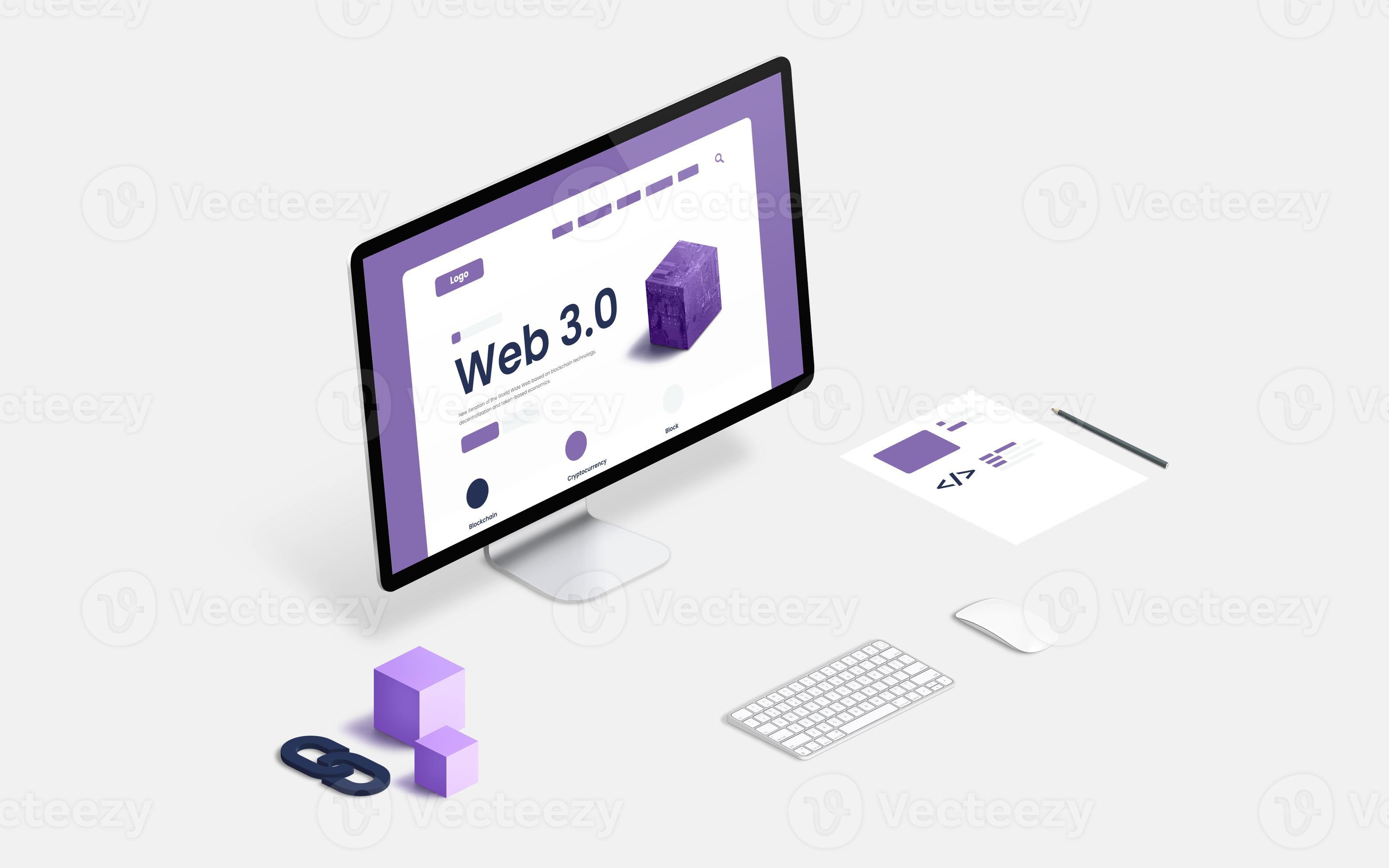 Desk with computer display and Web 3.0 presentation in isometric ...