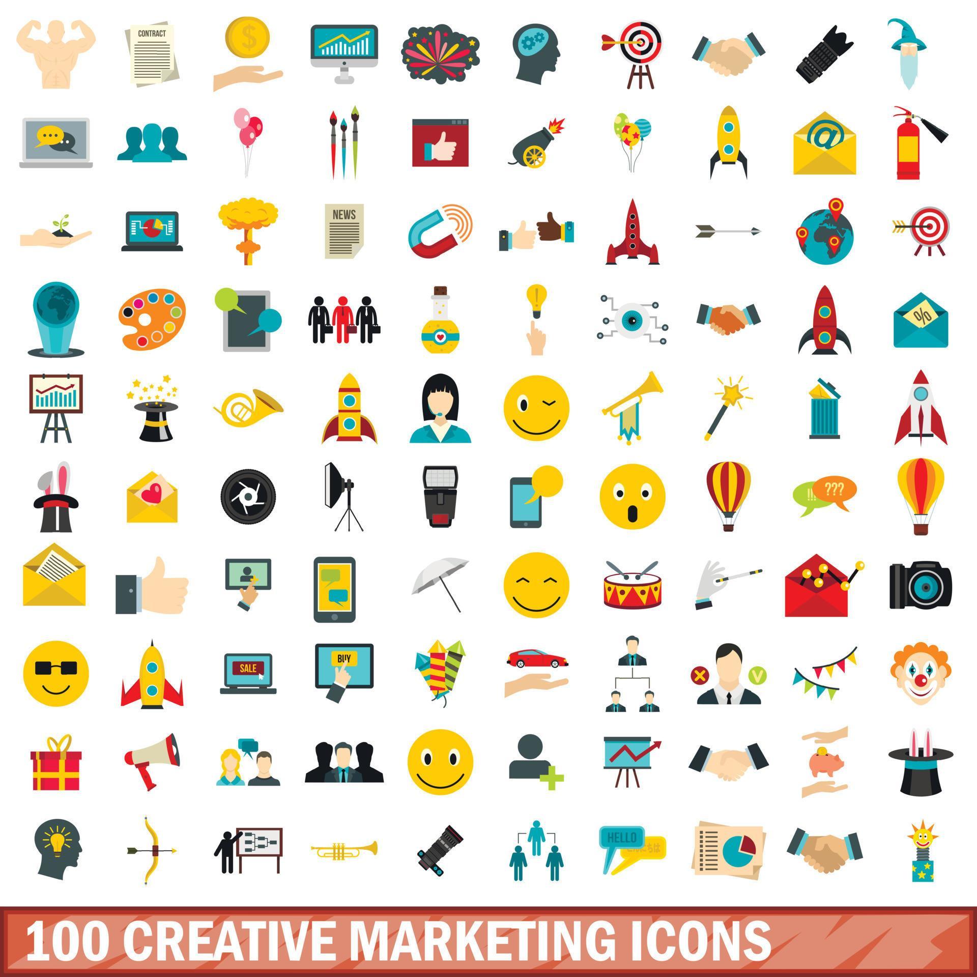100 creative marketing icons set, flat style 8855814 Vector Art at Vecteezy