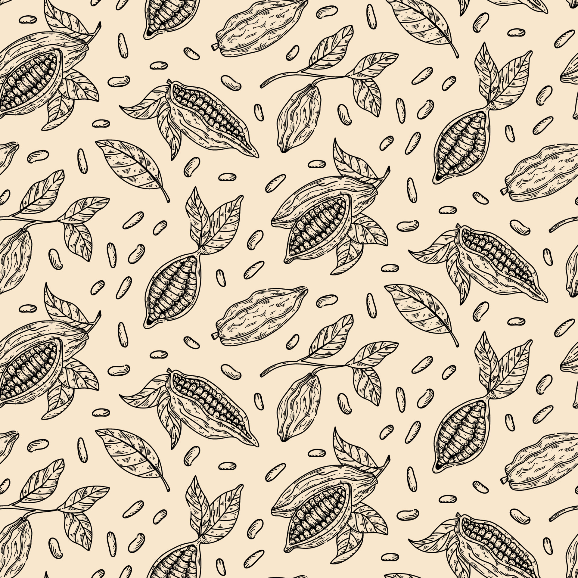 Cocoa branch vector seamless pattern. Chocolate design hand drawn ...