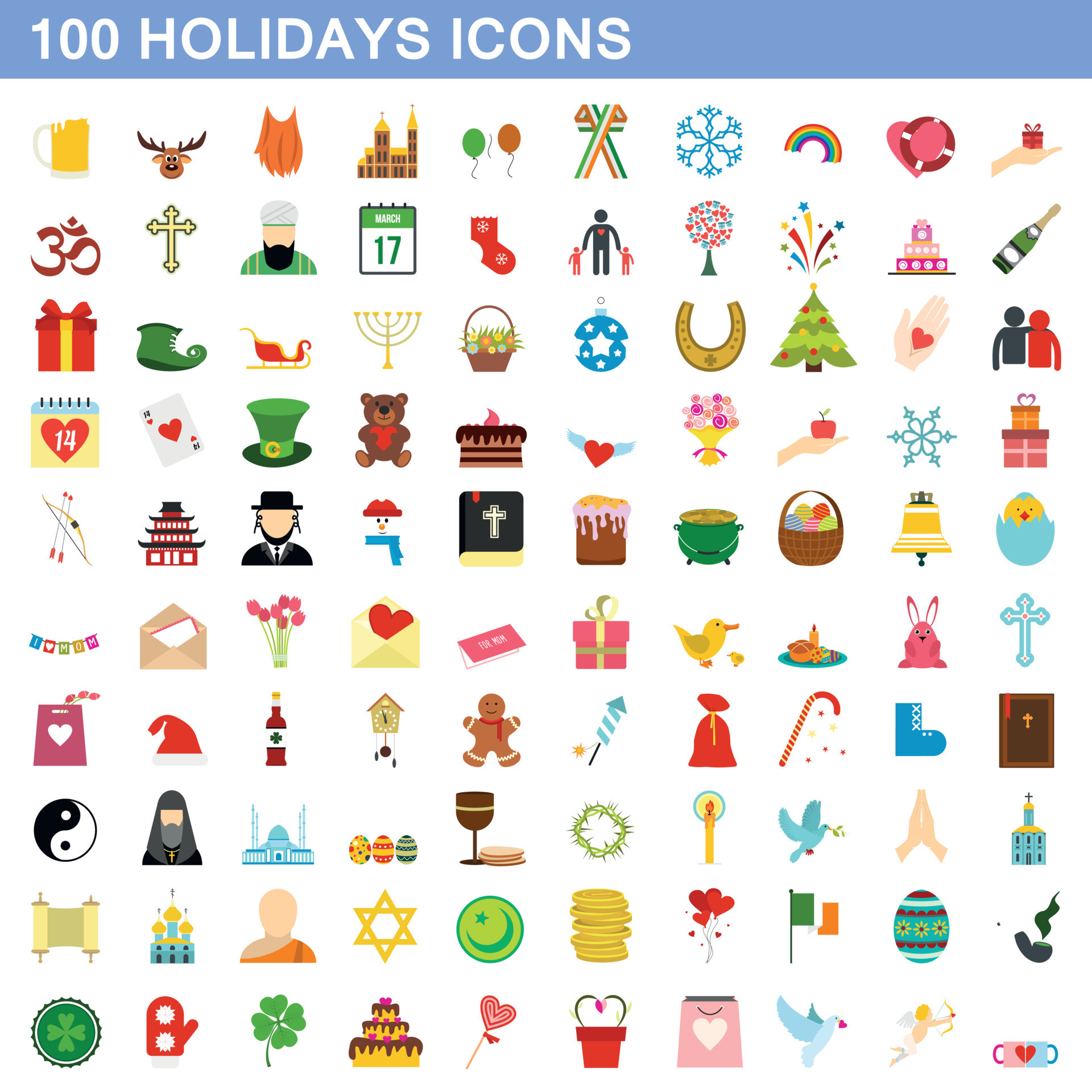 100 holidays icons set, flat style 8857043 Vector Art at Vecteezy