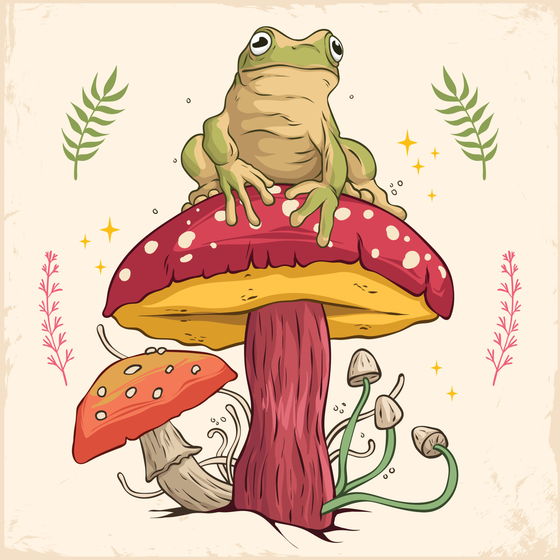 Hand Drawn Cottagecore Aesthetic Goblincore Frog Sitting On Mushroom