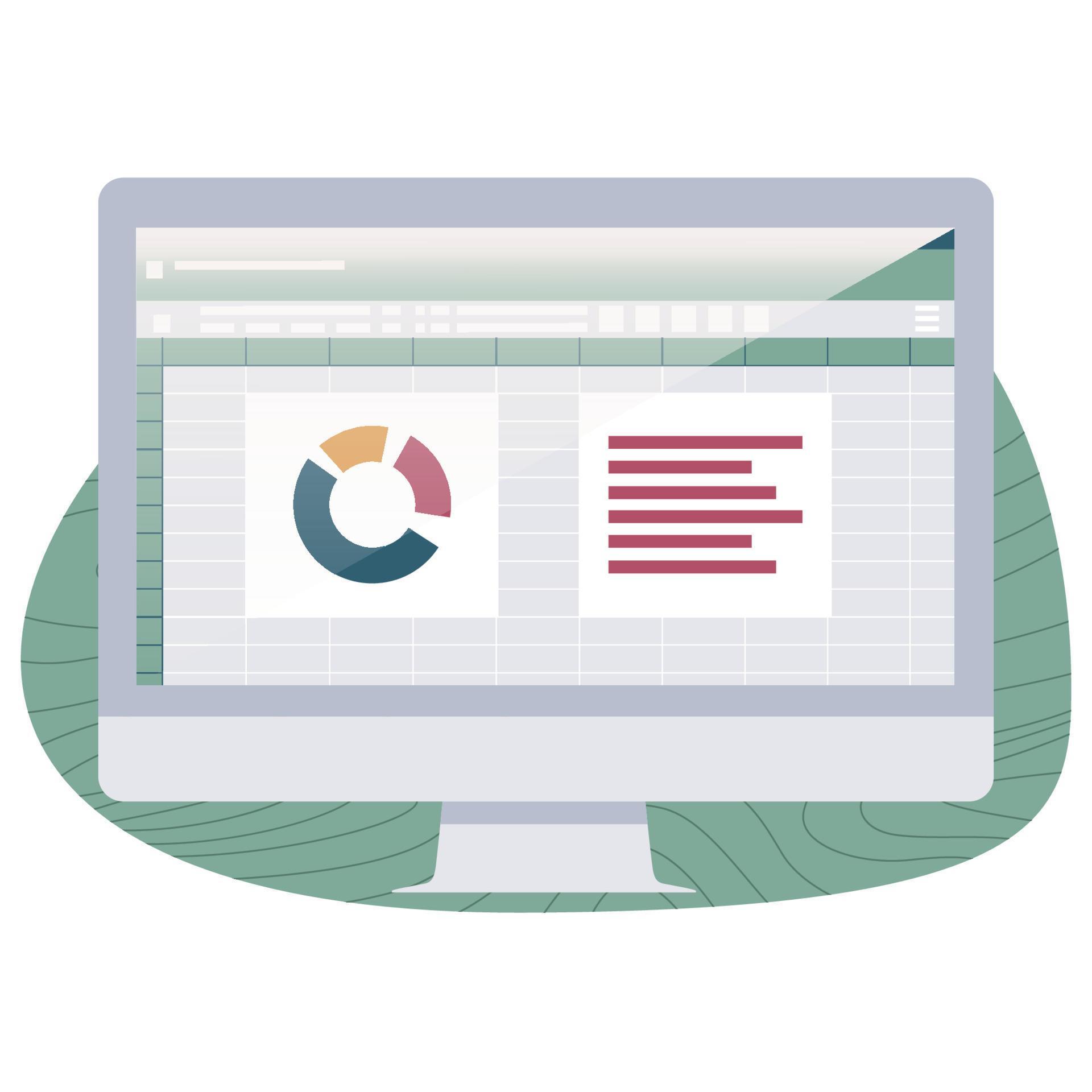 Spreadsheet on computer screen with green bubble isolated on white ...