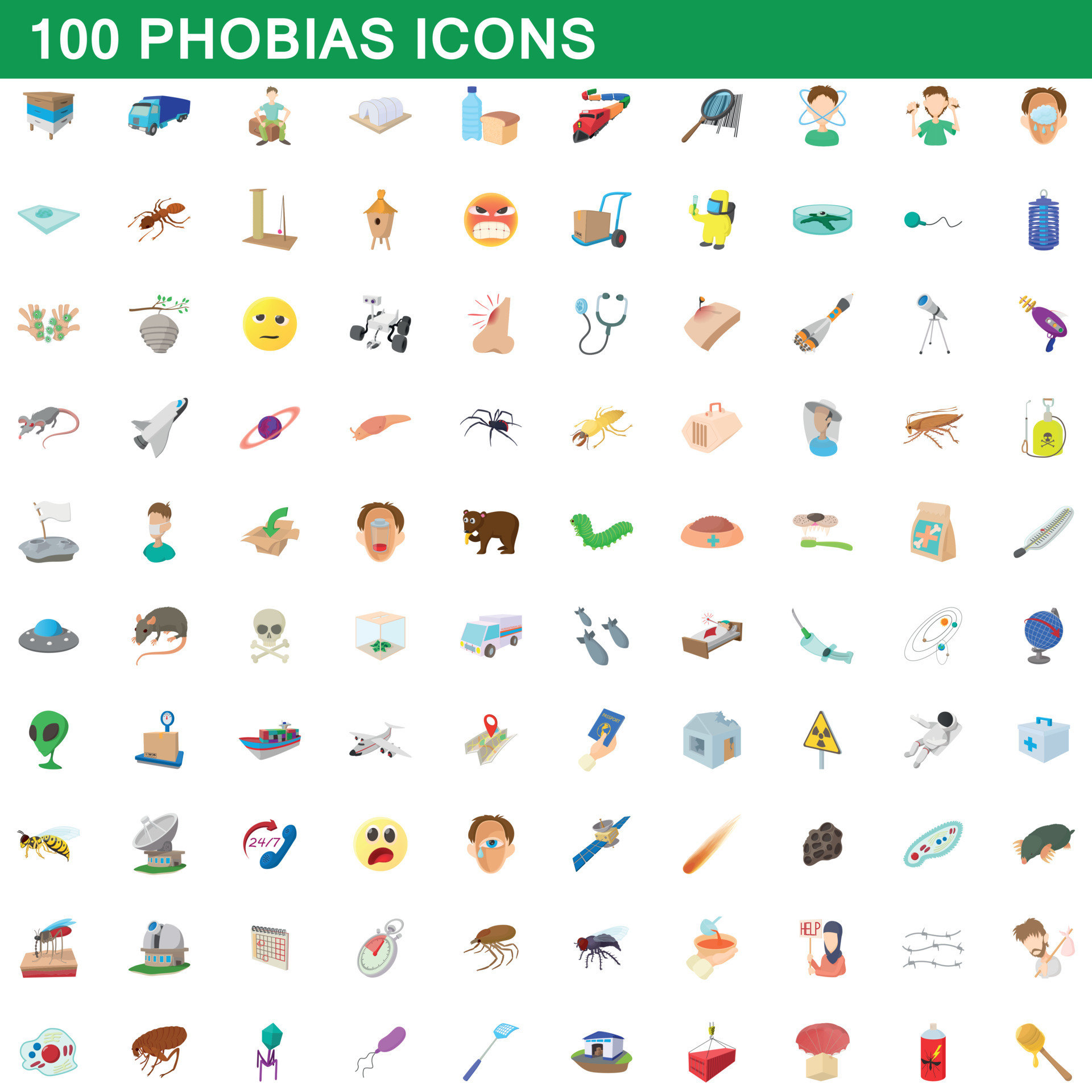 100 phobias icons set, cartoon style 8866378 Vector Art at Vecteezy 100 phobias icons set, cartoon style 8866378 Vector Art at Vecteezy