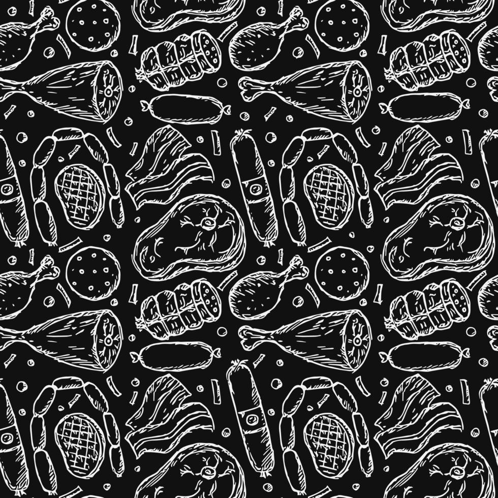 Seamless Meat Pattern Black And White Meat Background Doodle Vector