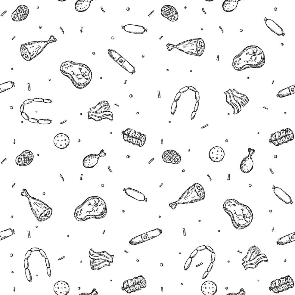 Seamless Meat Pattern Black And White Meat Background Doodle Vector