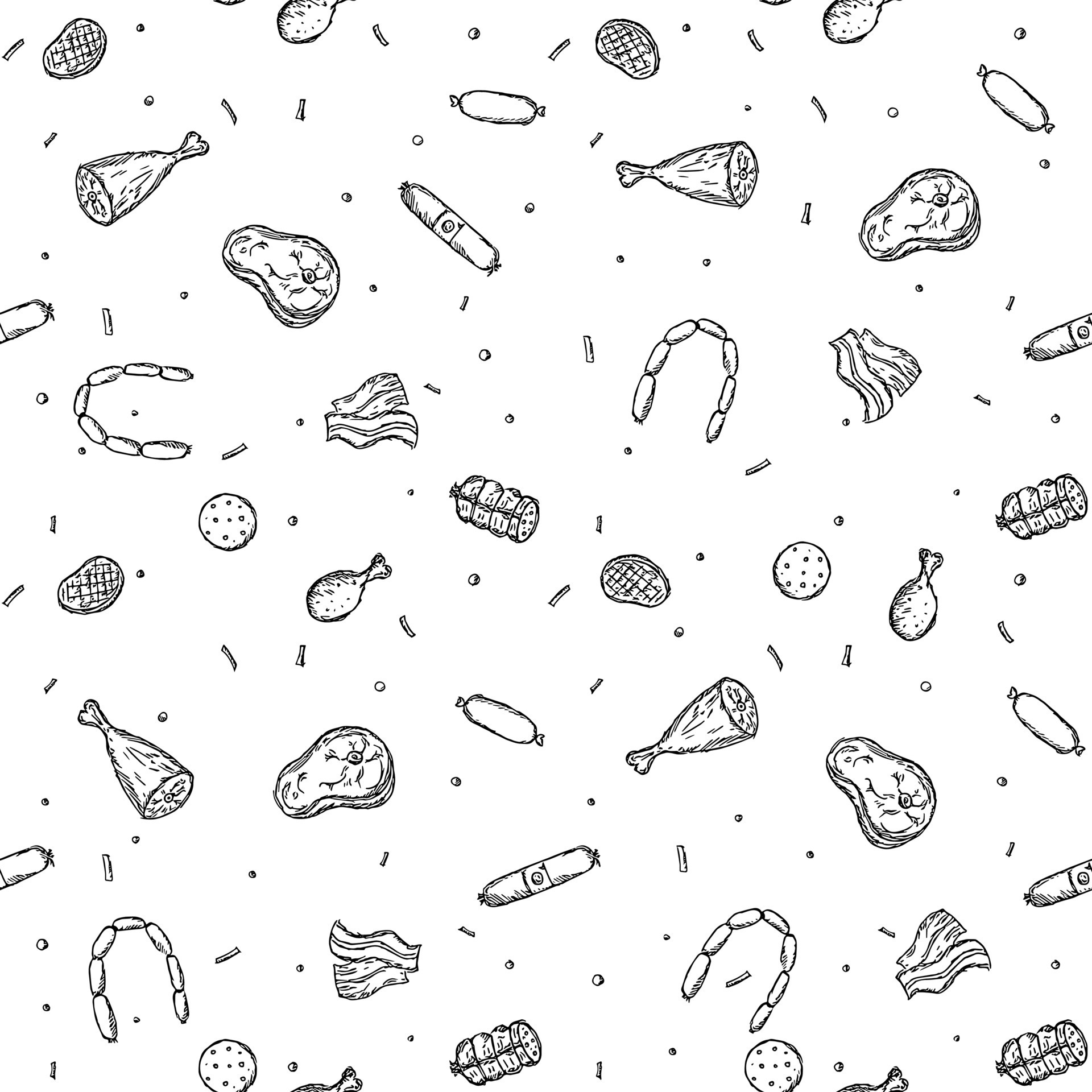 Seamless Meat Pattern Black And White Meat Background Doodle Vector