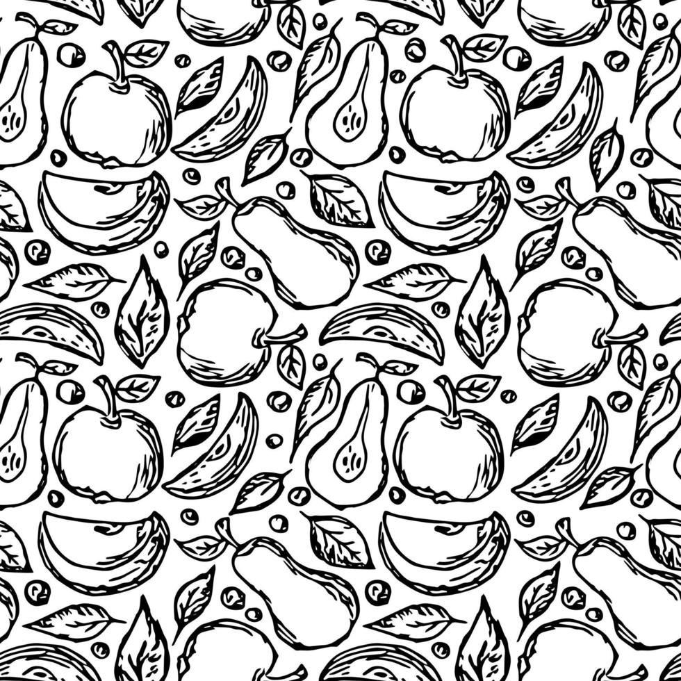 Seamless Fruit Pattern Apple And Pear Background Doodle Vector