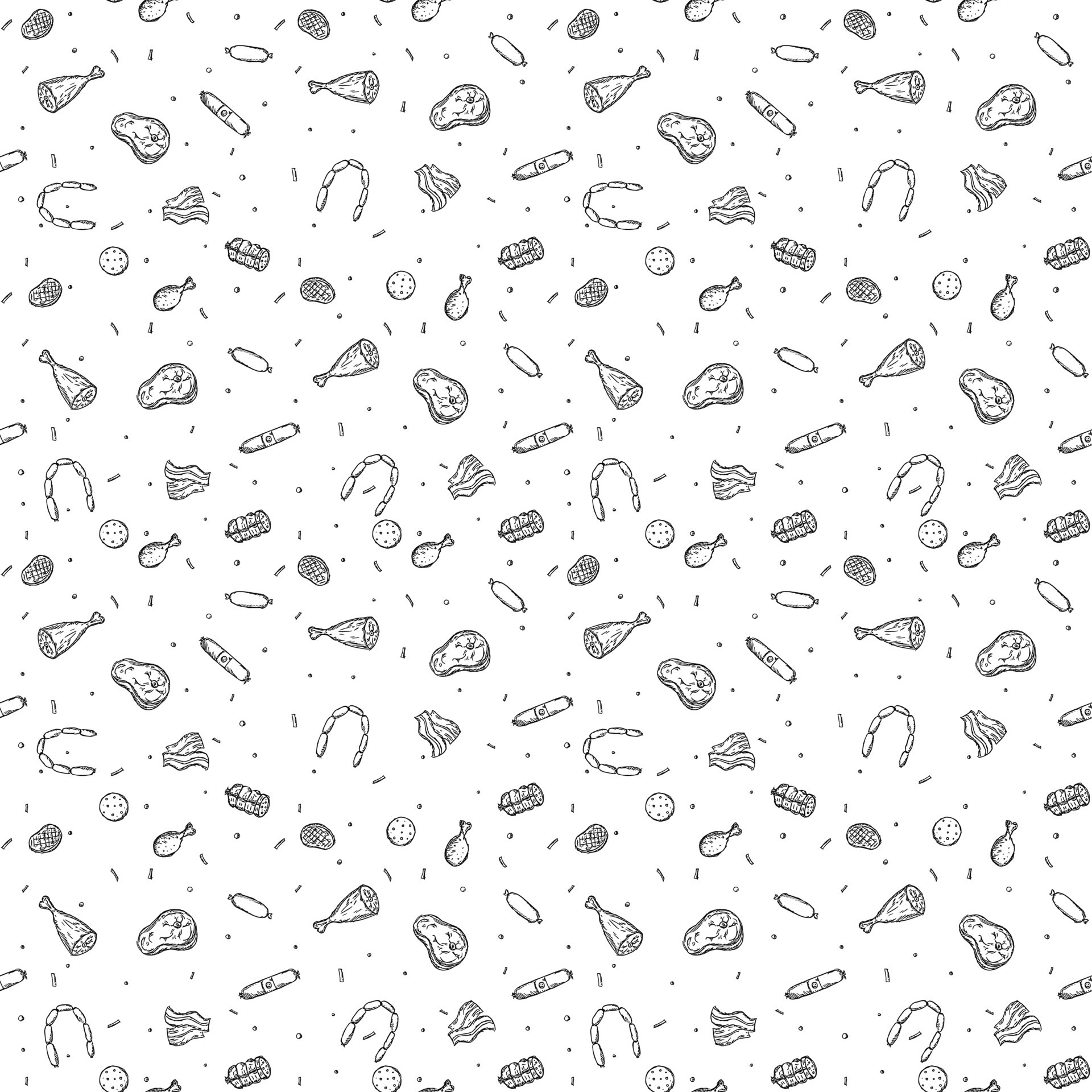 Seamless Meat Pattern Black And White Meat Background Doodle Vector