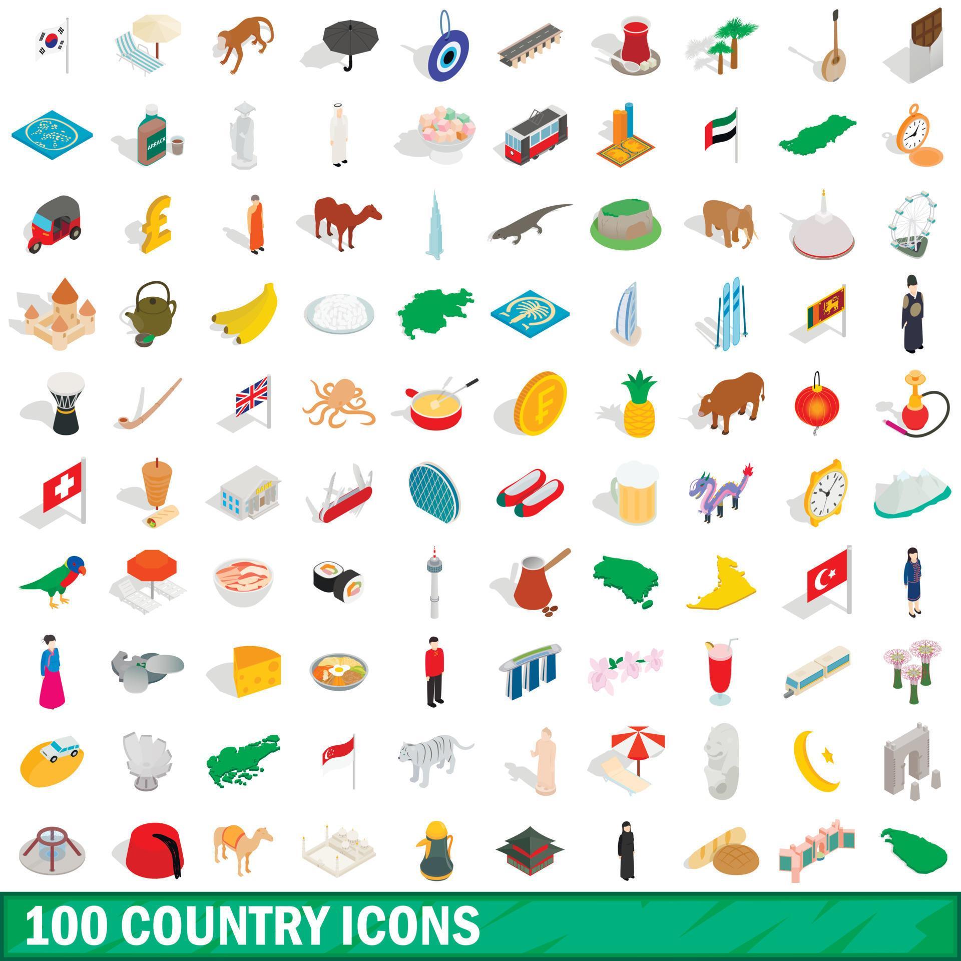 100 country icons set, isometric 3d style 8881108 Vector Art at Vecteezy