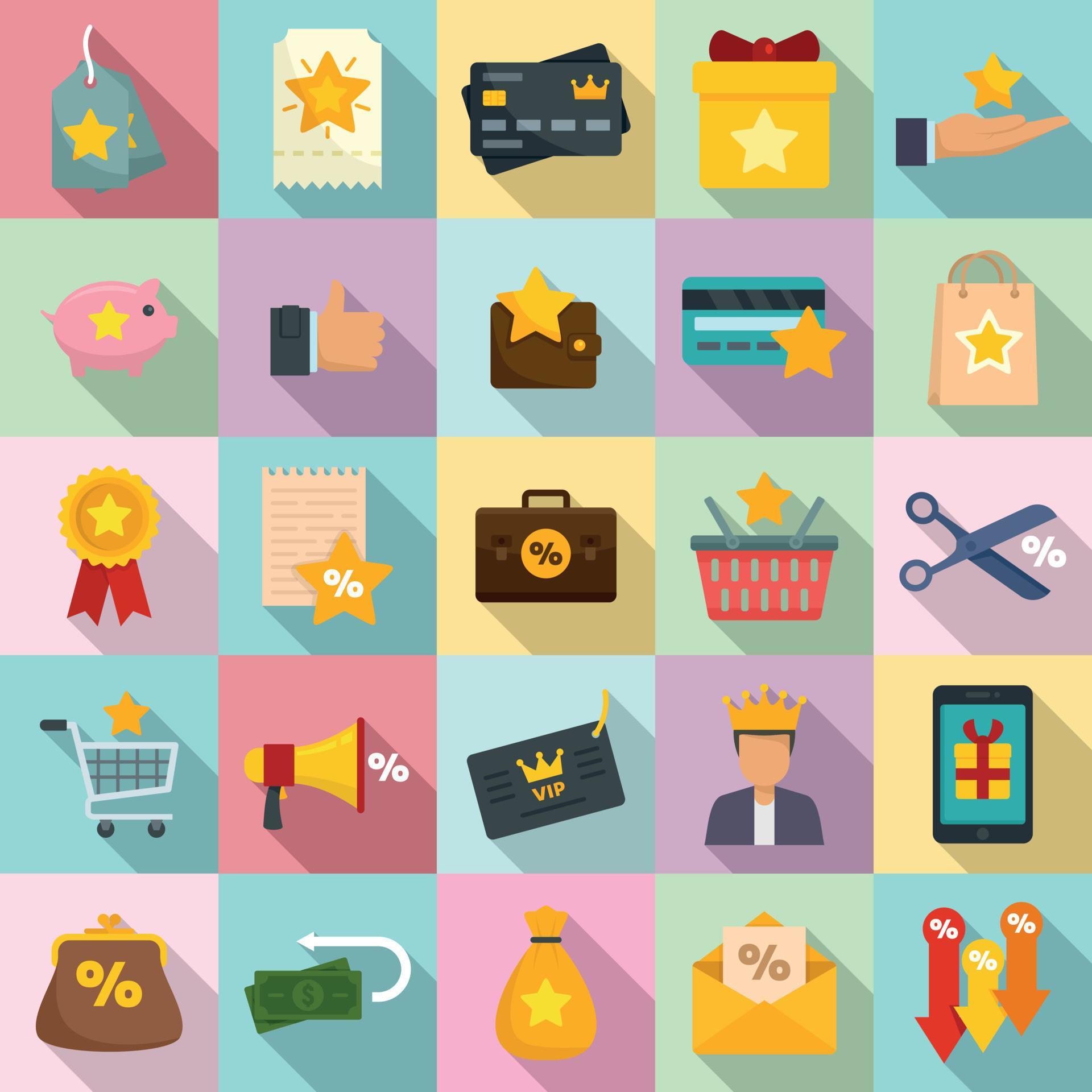 Loyalty program icons set, flat style 8883144 Vector Art at Vecteezy