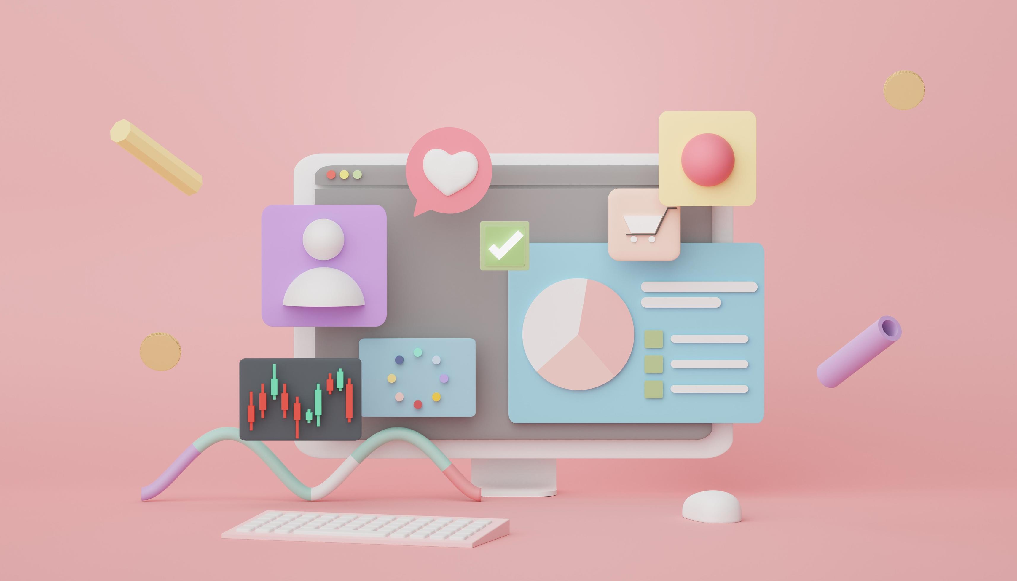 3d render SEO data an analytics. User interface for web banner and mock up. Business graph chart ...