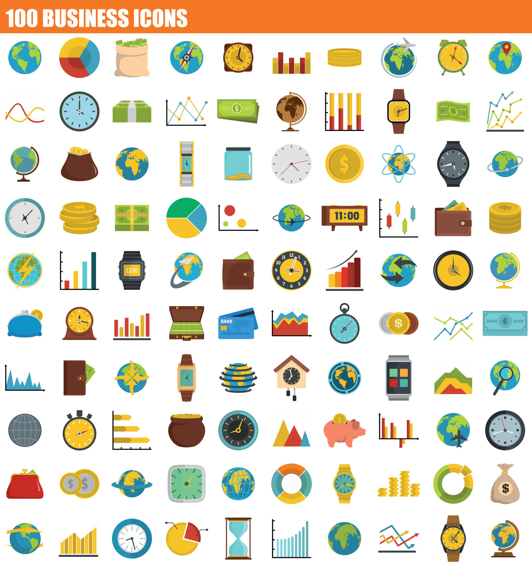 100 business icon set, flat style 8885803 Vector Art at Vecteezy