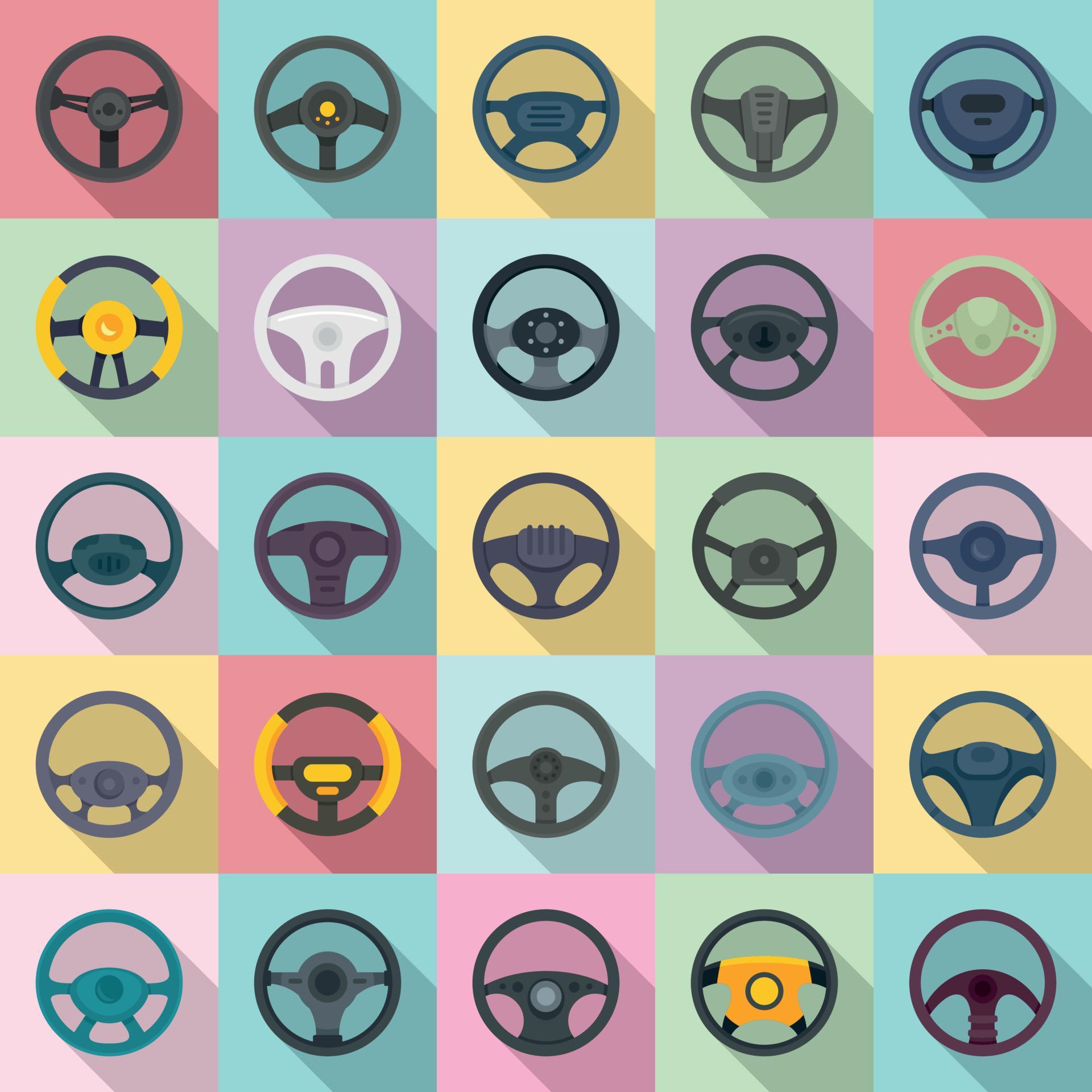 Steering wheel icons set, flat style 8886252 Vector Art at Vecteezy