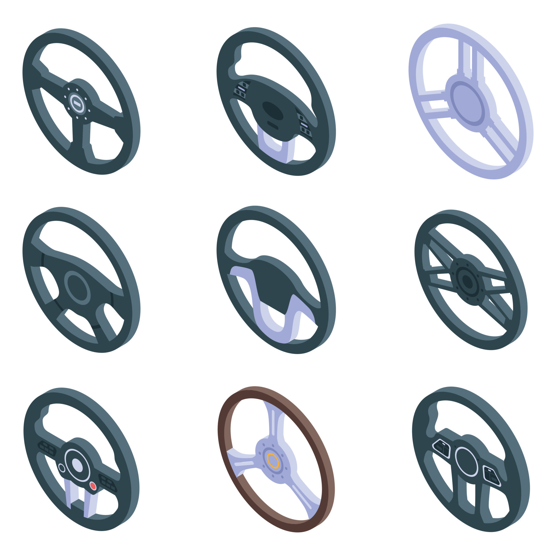 Steering wheel icons set, isometric style 8887386 Vector Art at Vecteezy
