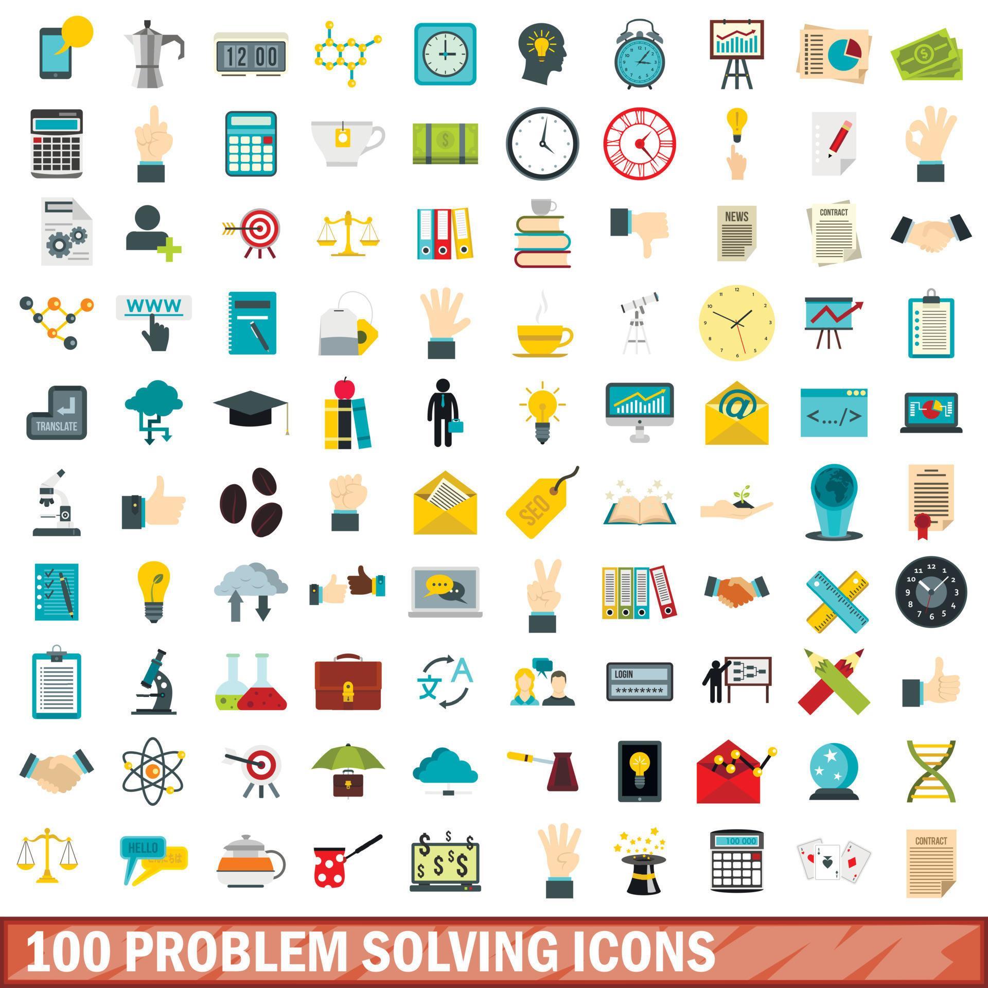 100 problem solving icons set, flat style 8887866 Vector Art at Vecteezy