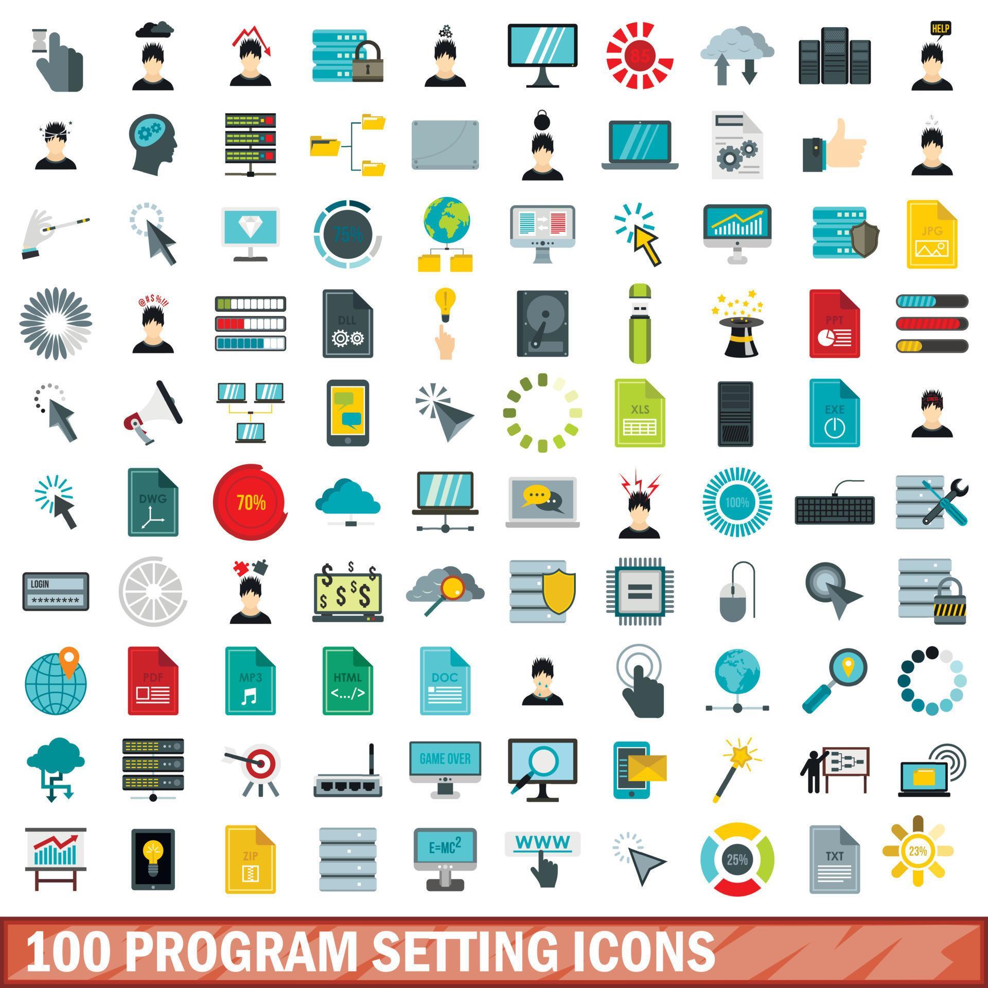 100 program setting icons set, flat style 8887871 Vector Art at Vecteezy