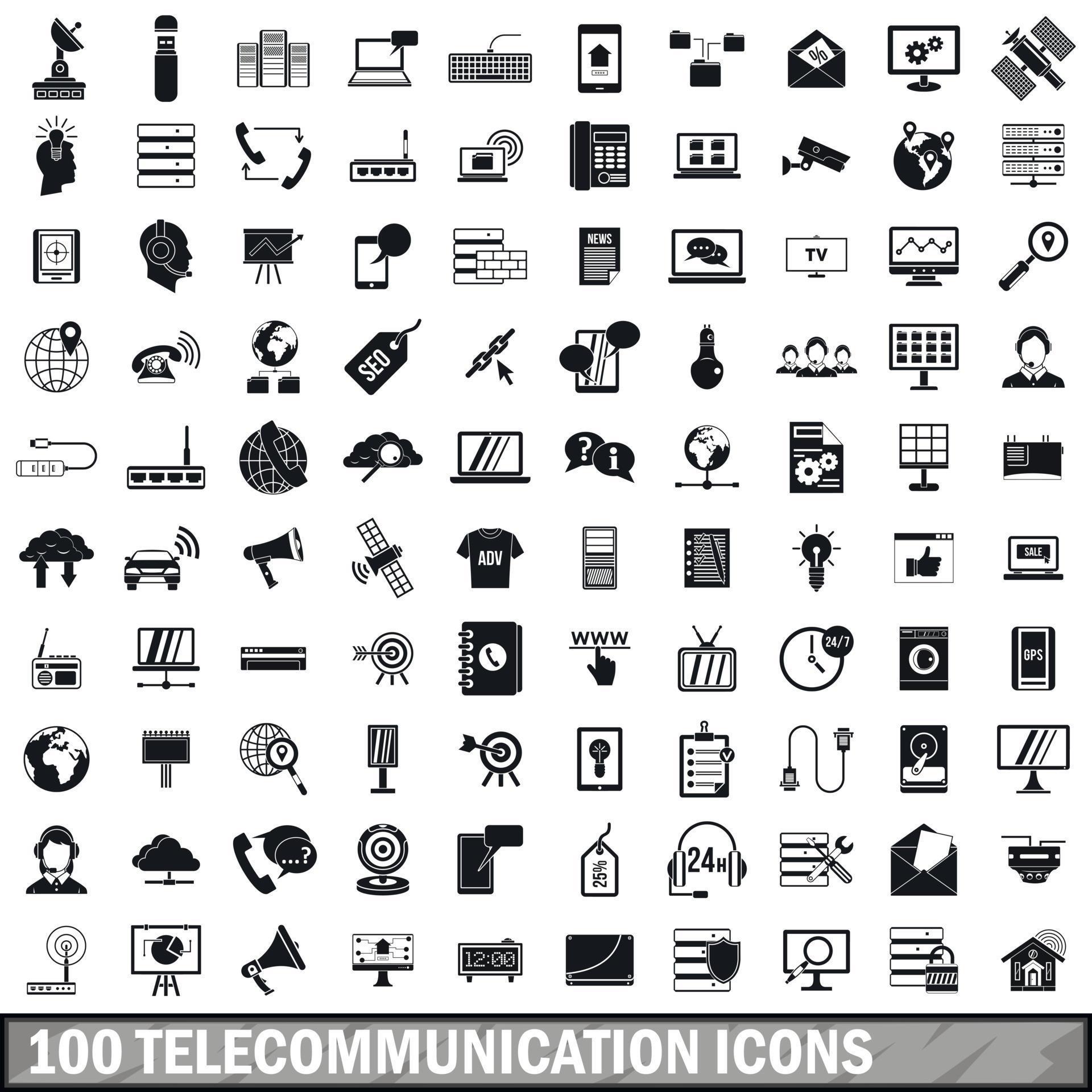 100 telecommunication icons set, simple style 8887896 Vector Art at ...