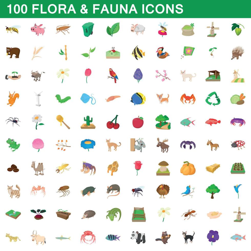 100 iconos de flora y fauna, estilo de dibujos animados 8893336 Vector ... 100 iconos de flora y fauna, estilo de dibujos animados 8893336 Vector ...
