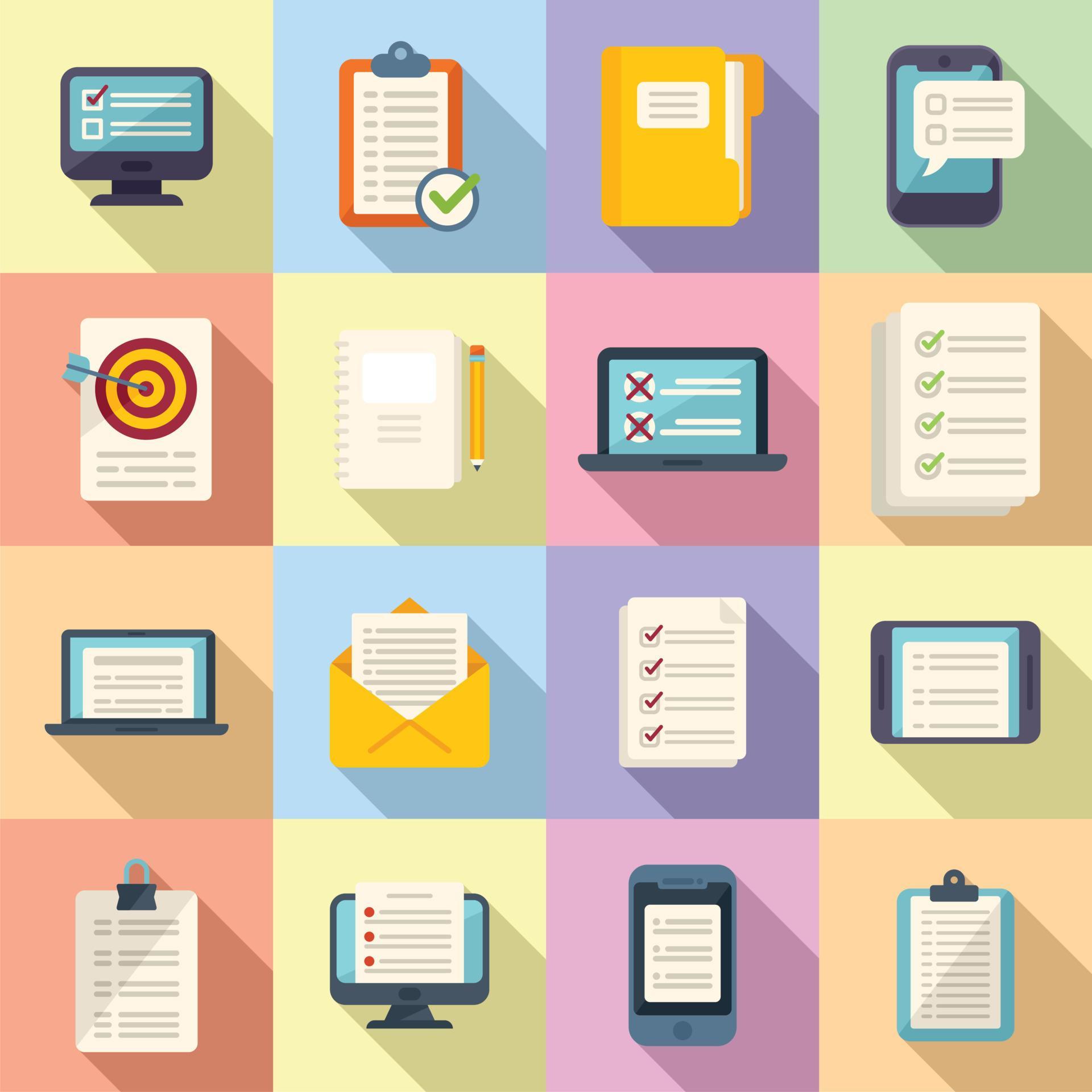 Assignment icons set flat vector. Fast exam 8910409 Vector Art at Vecteezy