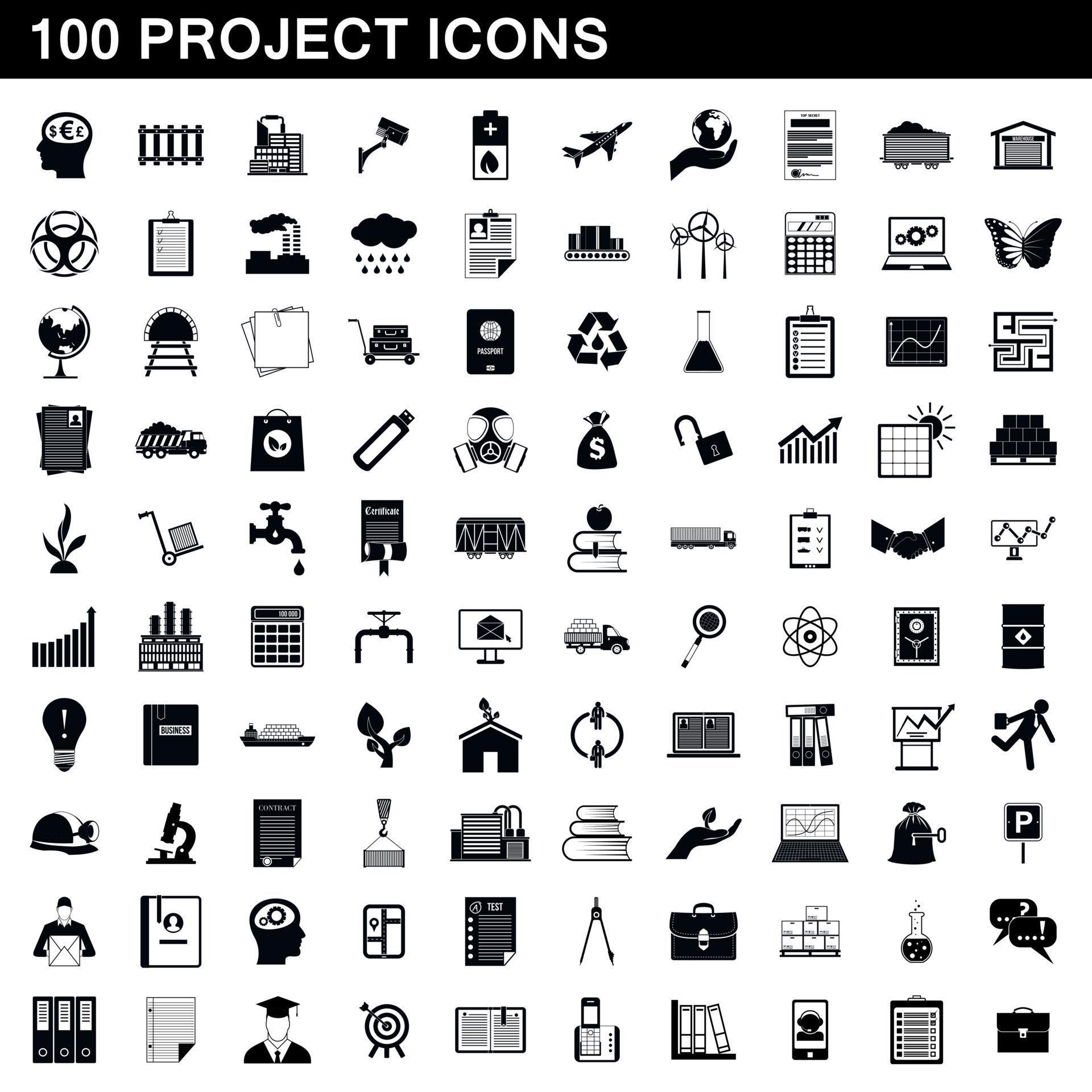 100 project icons set, simple style 8943703 Vector Art at Vecteezy