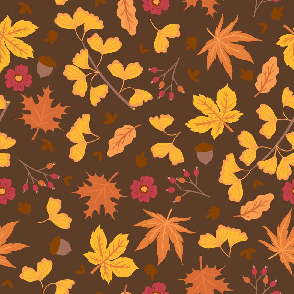Seamless pattern with autumn leaves, berries, acorns and flowers ...