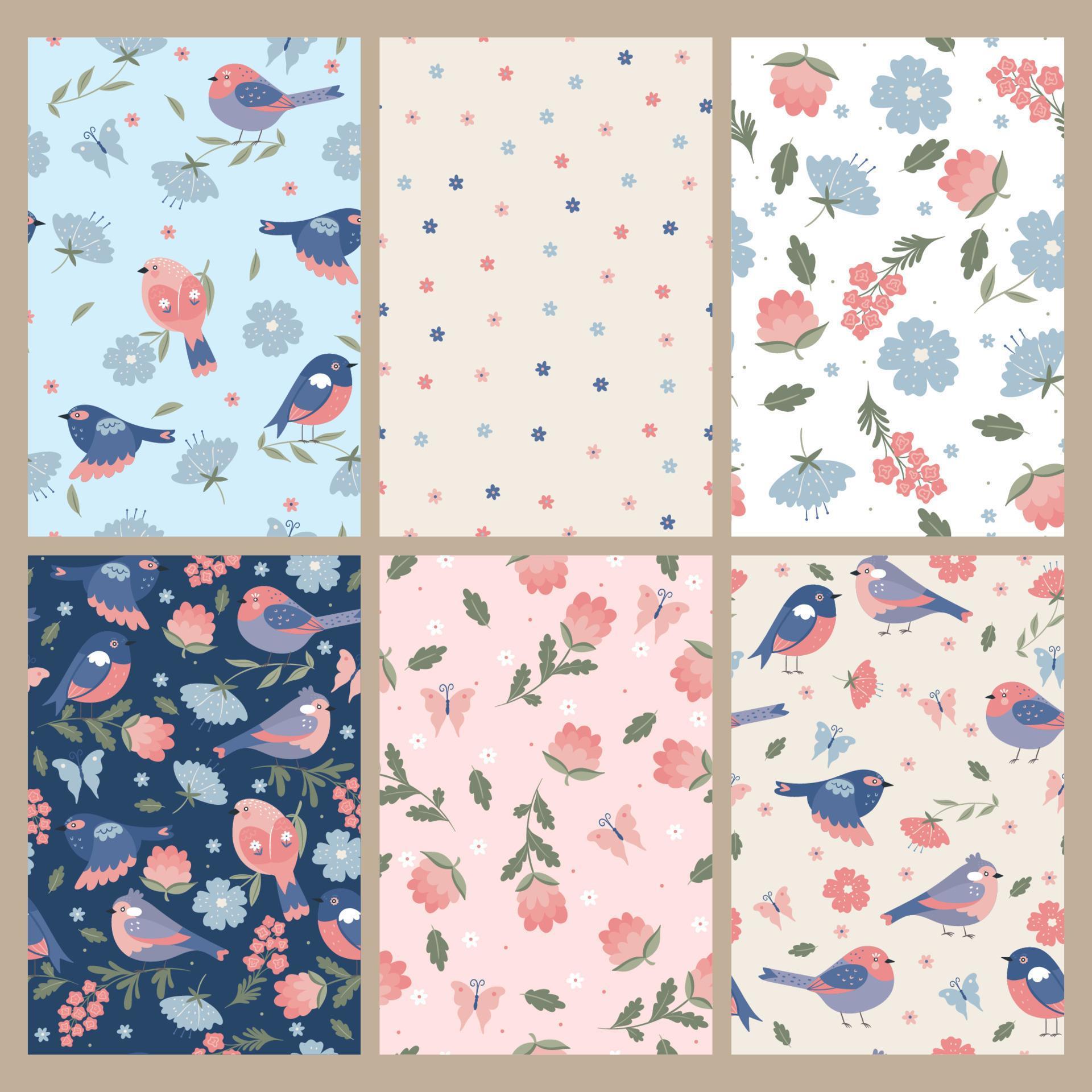 Set of cute spring seamless patterns with birds and flowers. 8958277 ...
