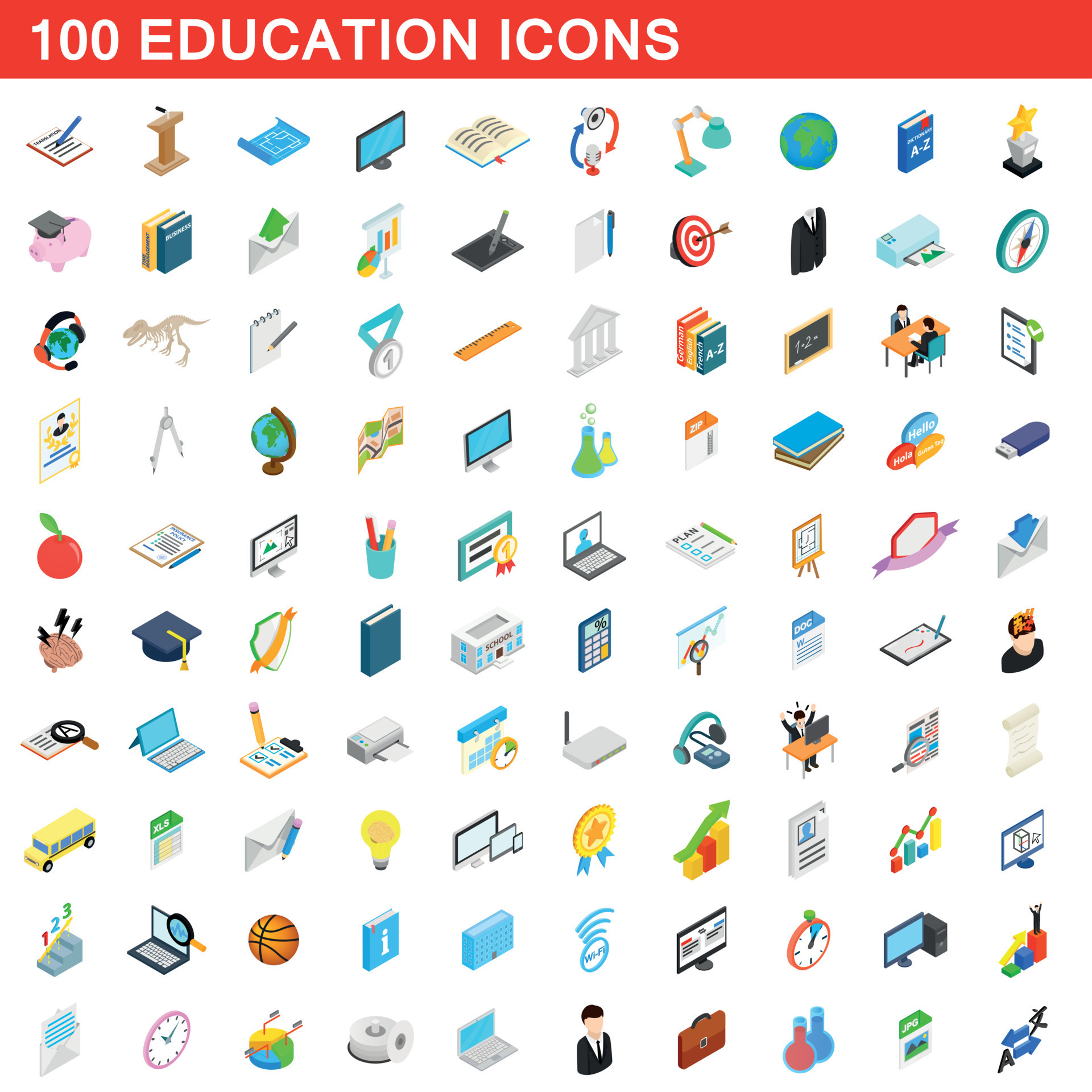 100 iconos de educación, estilo isométrico 3d 8967682 Vector en Vecteezy