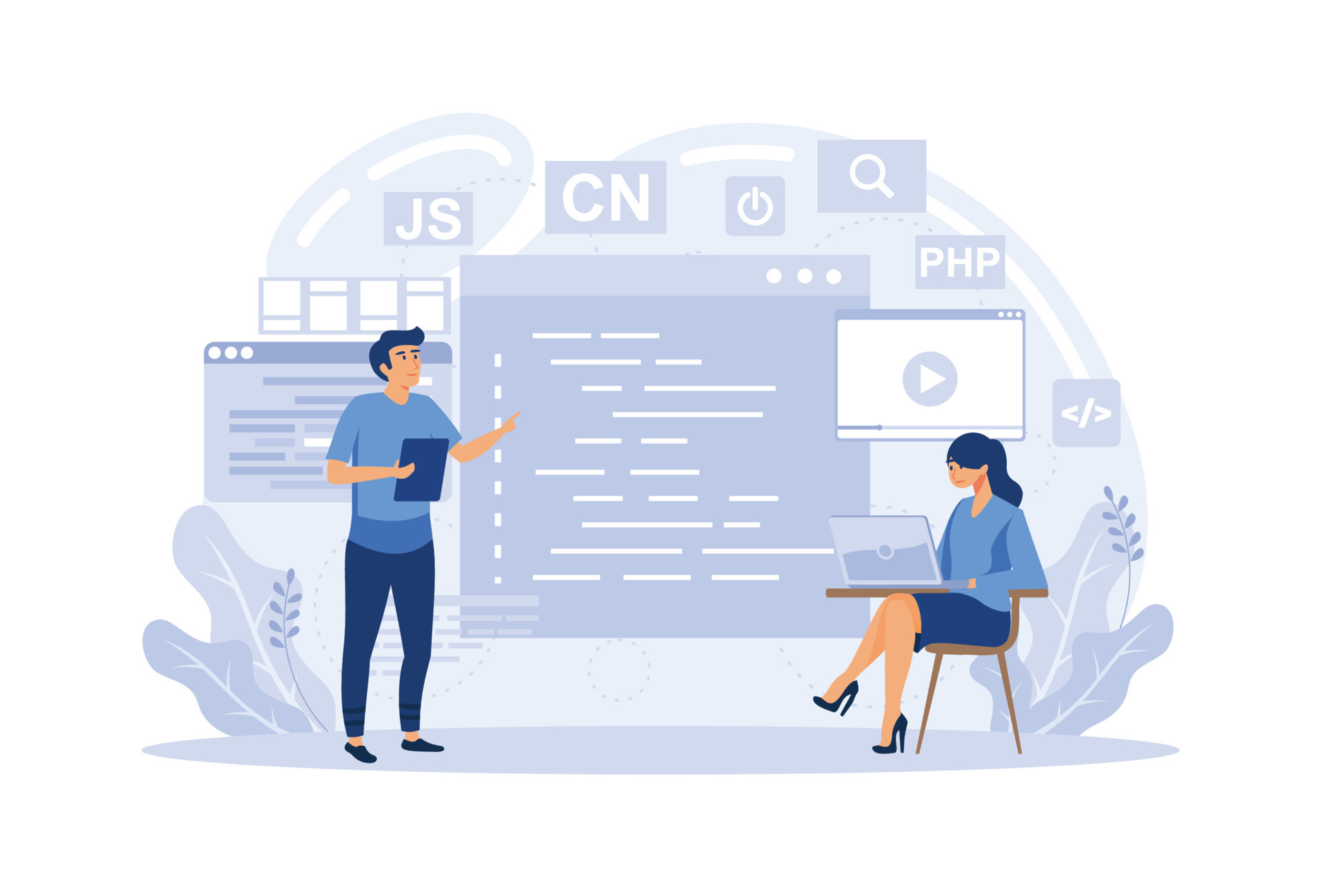 Programming courses web design concept with people. Students studying ...