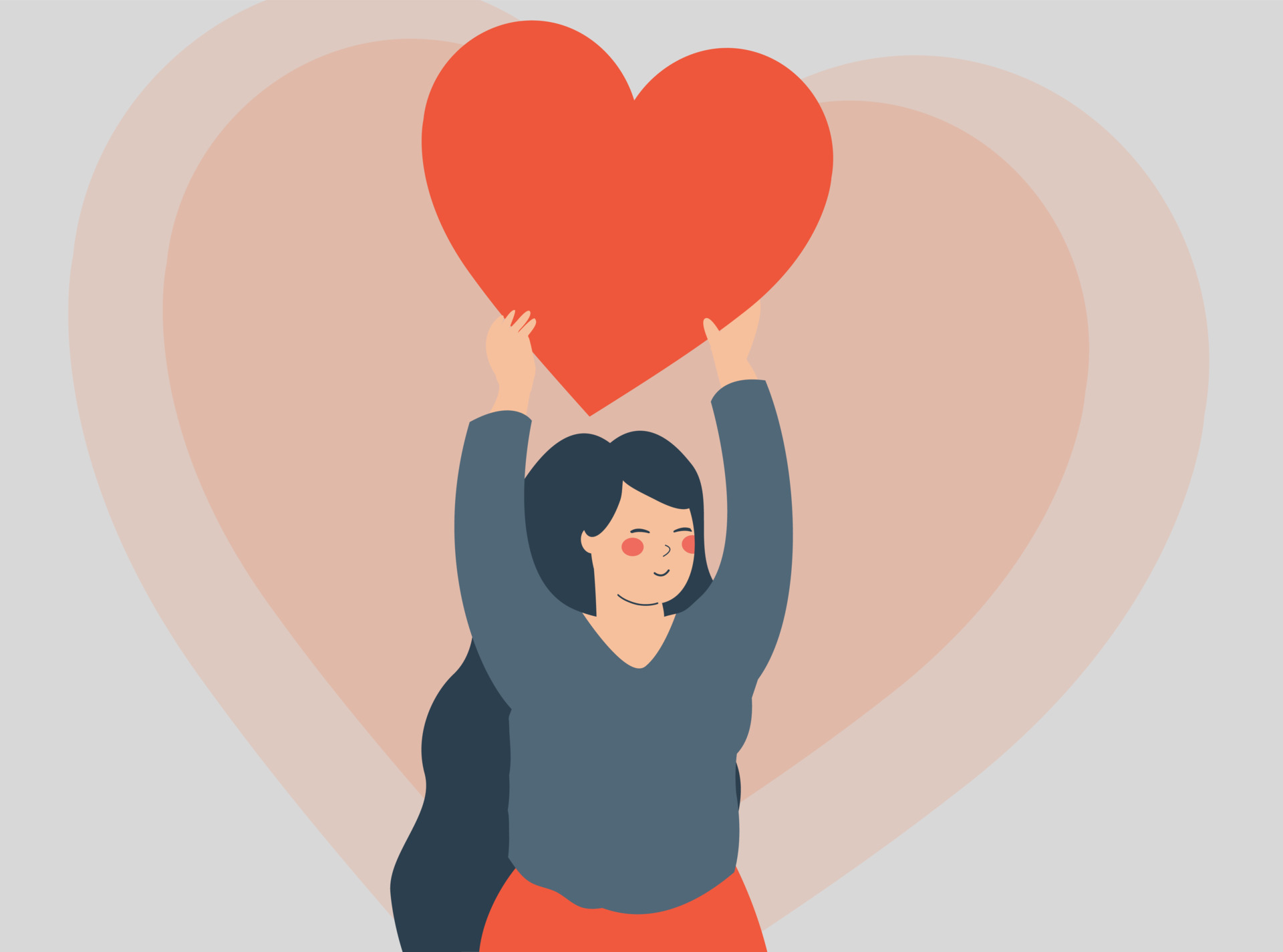 Young Woman Holds A Red Heart Above Her Head Happy Teenage Female