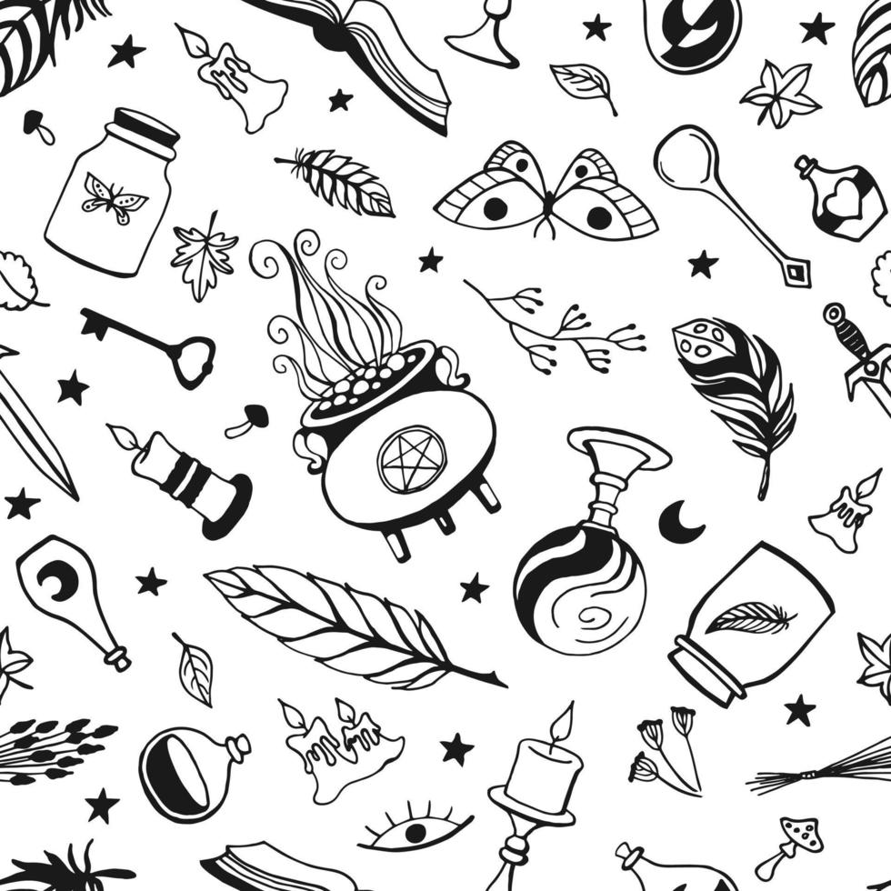 Seamless Pattern With Hand Drawn Magic Tools Concept Of Witchcraft Witchcraft Magic