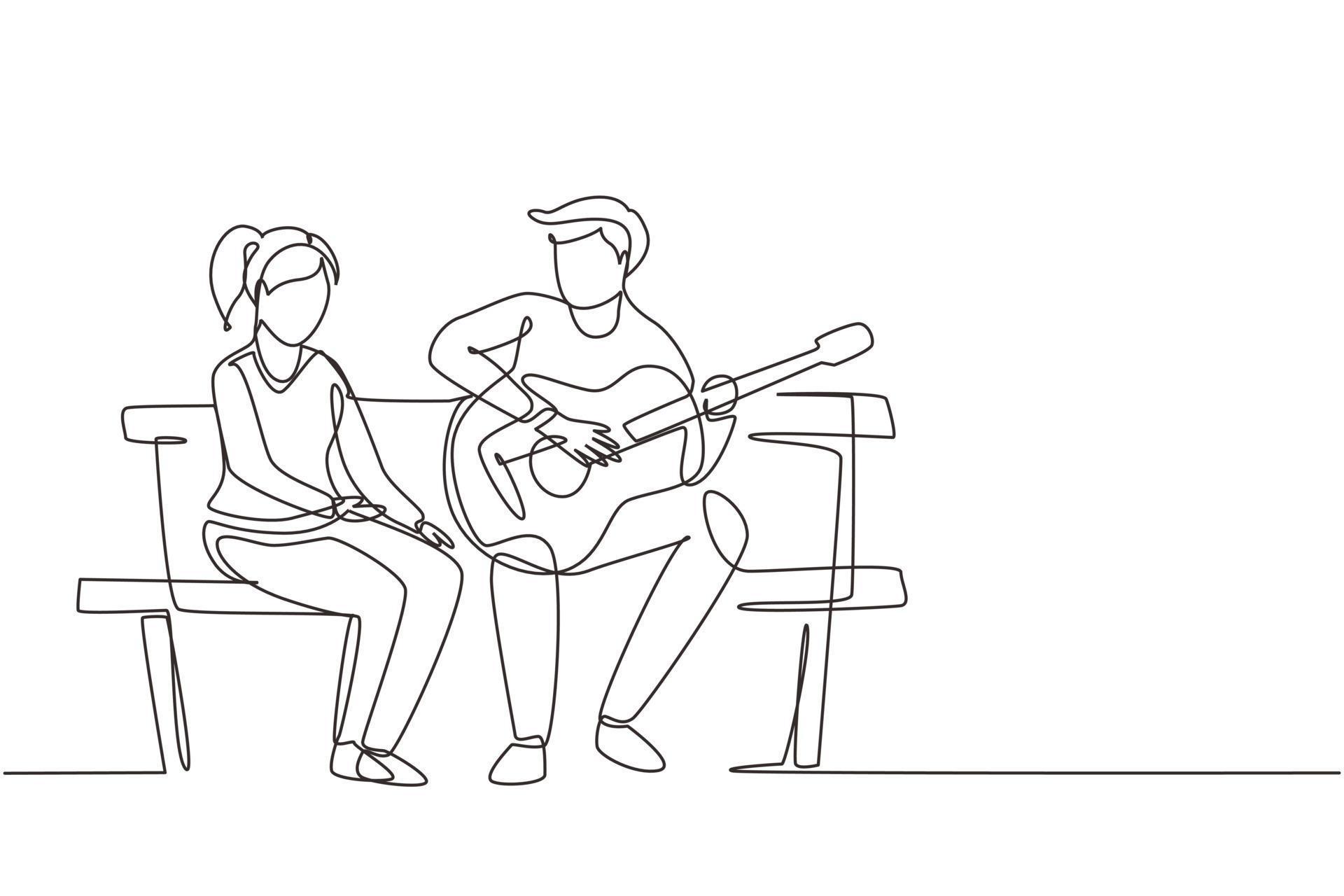 Single Continuous Line Drawing People Sitting On Wooden Bench In Park