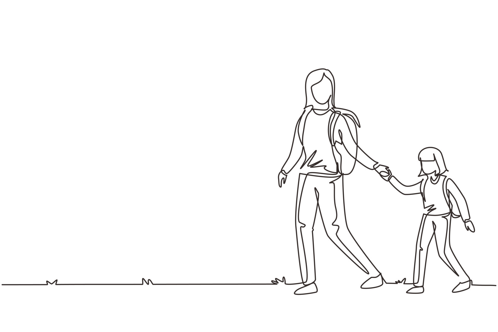 Single one line drawing happy mother taking her beauty daughter walking ...