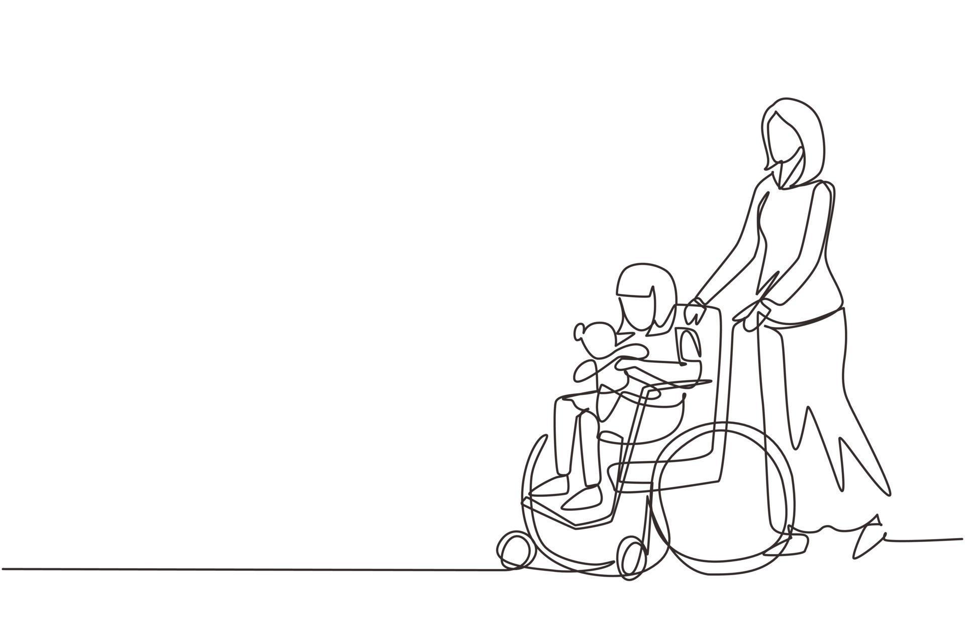Continuous one line drawing mother with disabled daughter in wheelchair ...