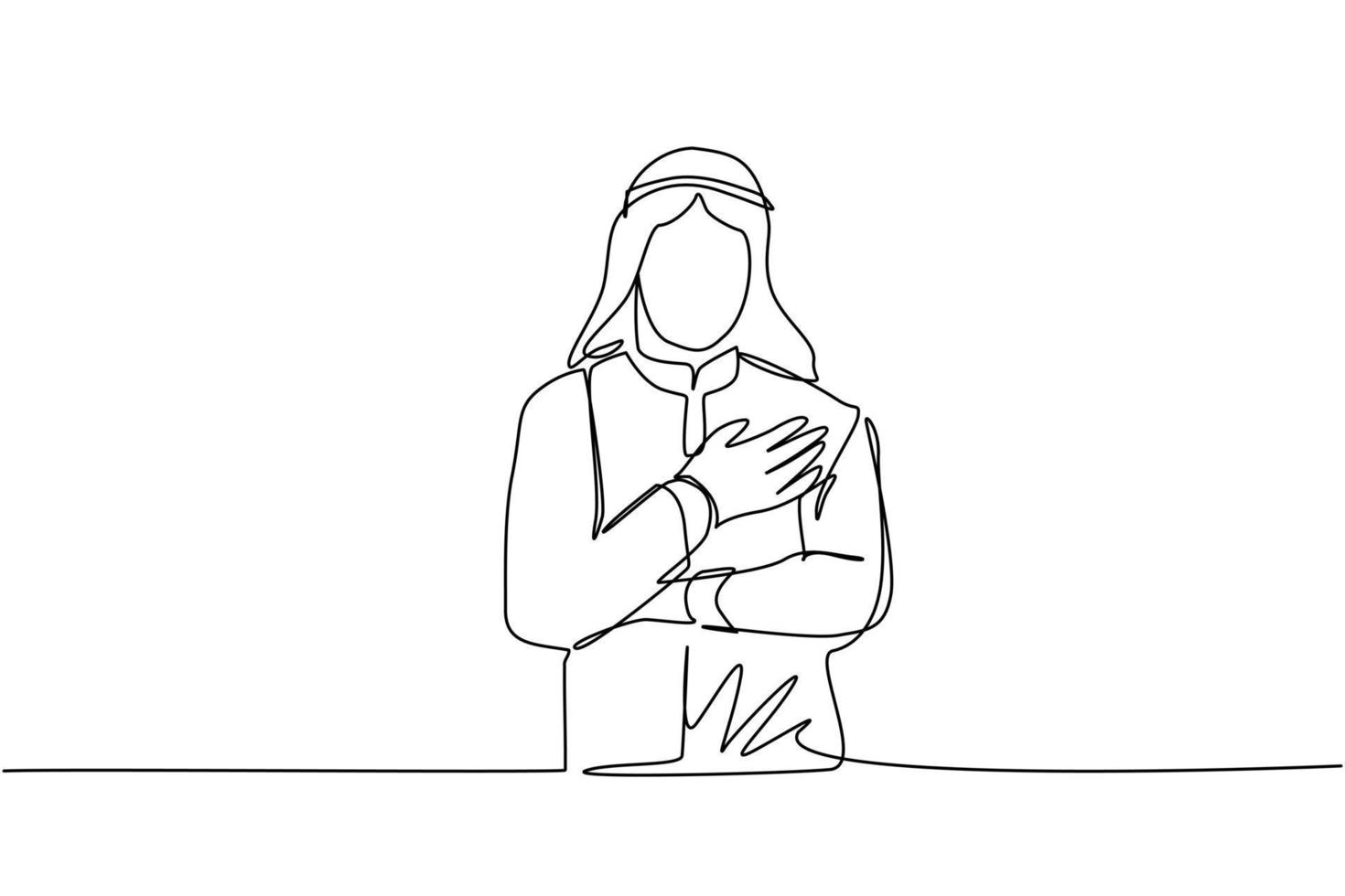 Single One Line Drawing Young Arabian Man Keeping Hands On Chest