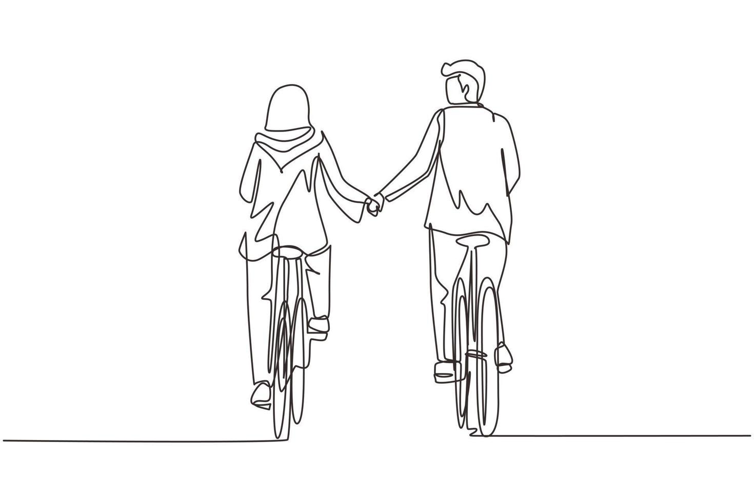 Continuous One Line Drawing Happy Arabian Couple Ride Bicycles In