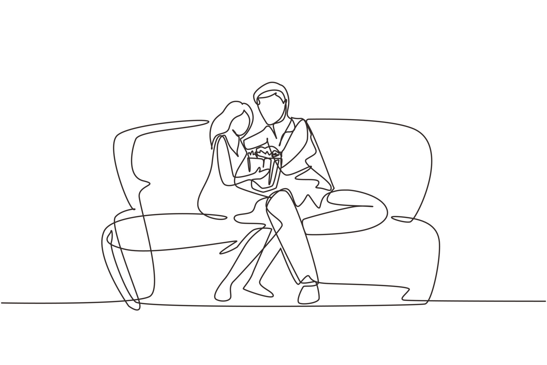 Continuous One Line Drawing Couple At Home Resting On Couch Watching Movie And Eating Popcorn