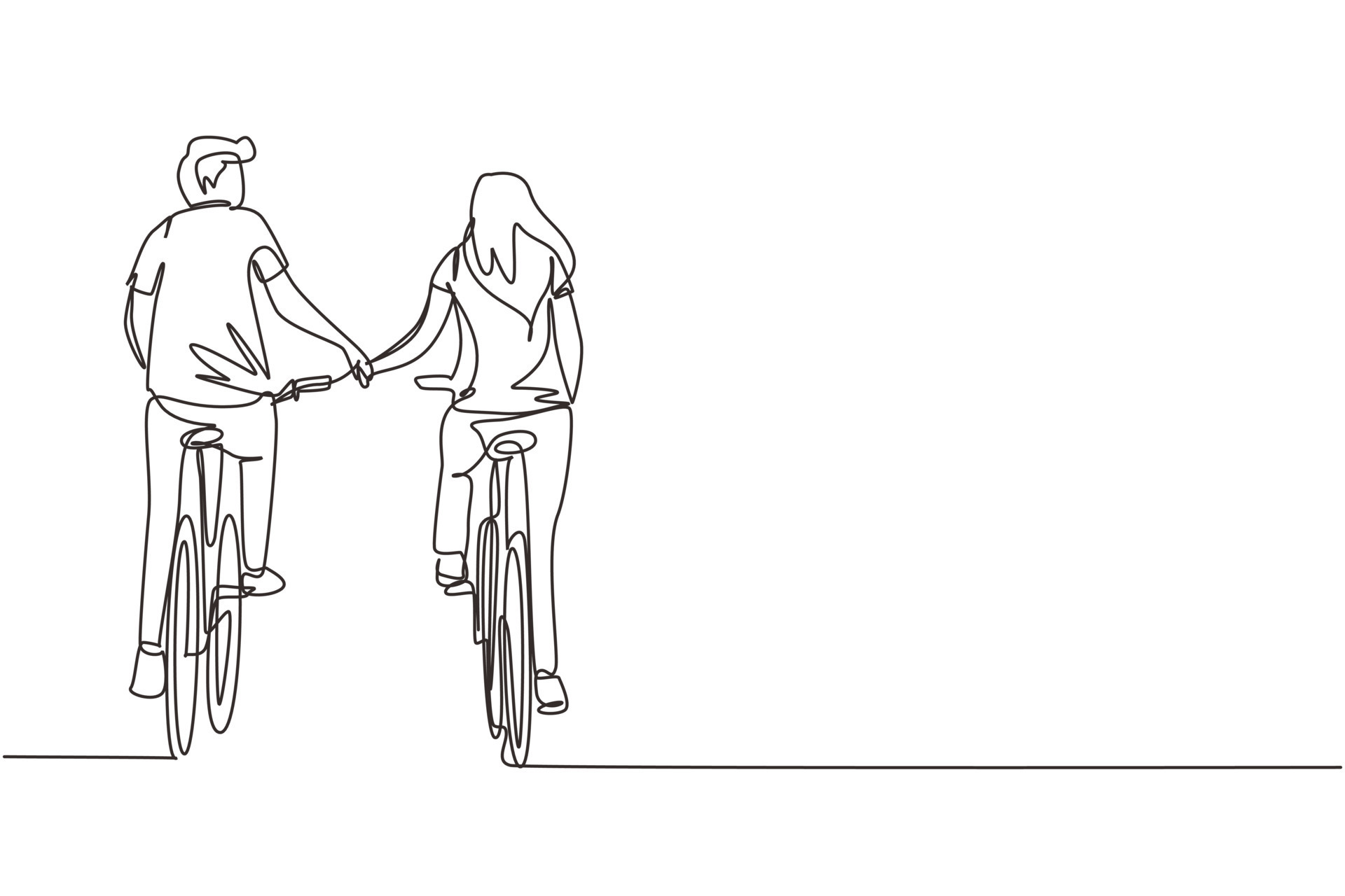 Single One Line Drawing Happy Couple Ride Bicycles In Meadow Back To