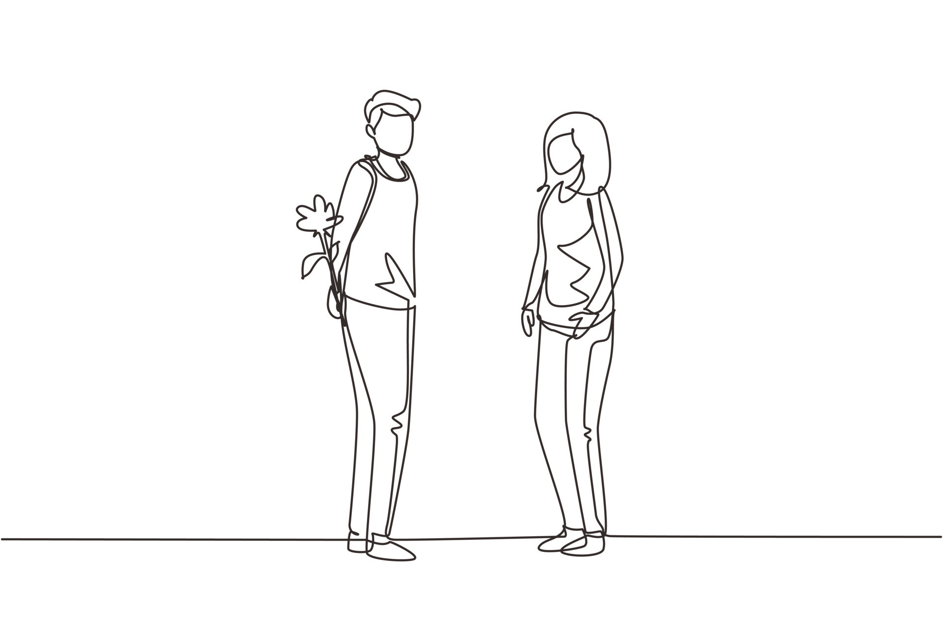 Continuous One Line Drawing Man Holding Flowers Behind His Back And