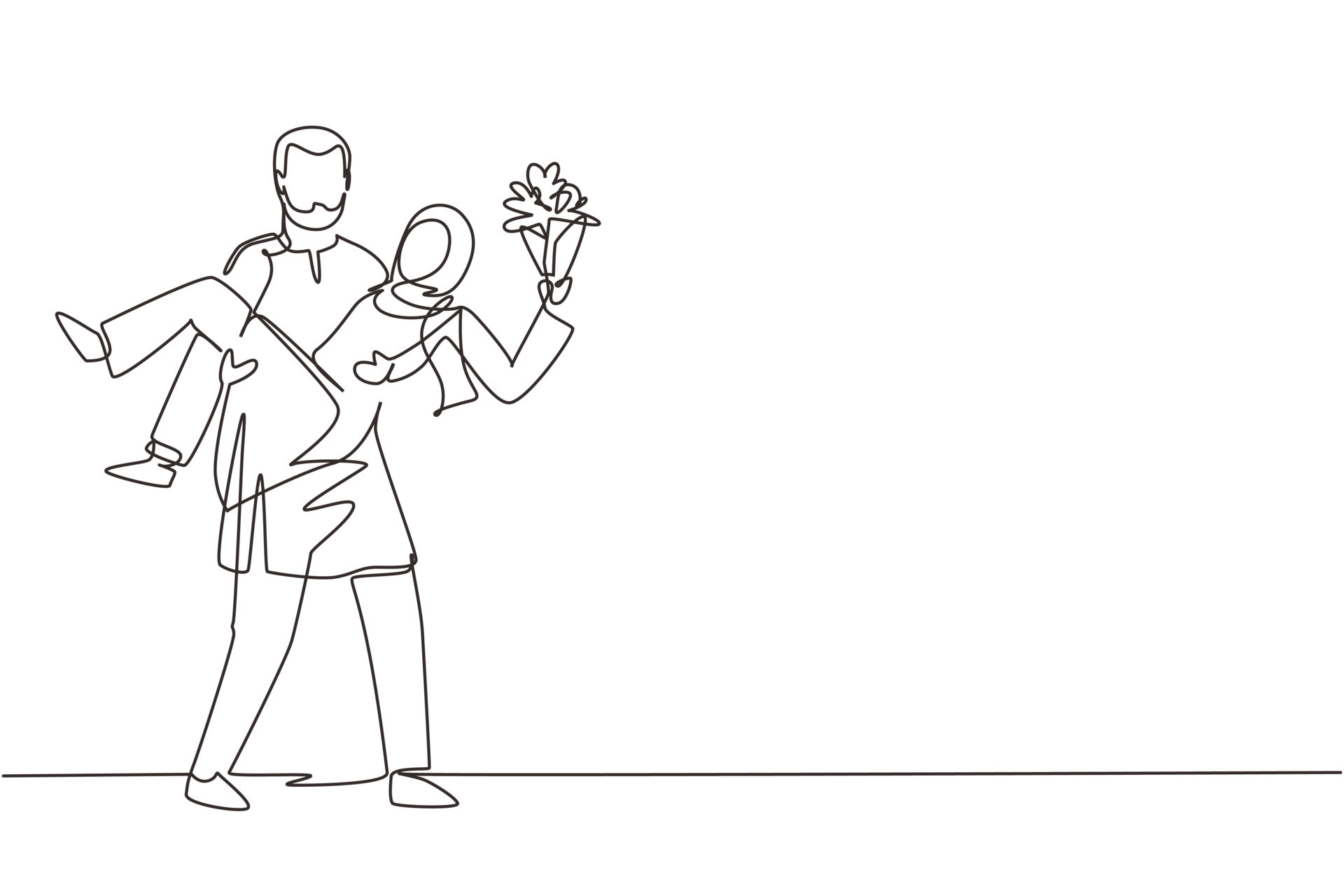 Single Continuous Line Drawing Arabian Man Holding A Woman And Making