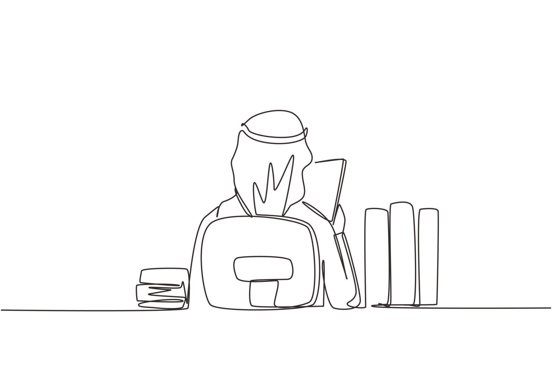 Single Continuous Line Drawing Back View Of Young Arabic Man Sitting At
