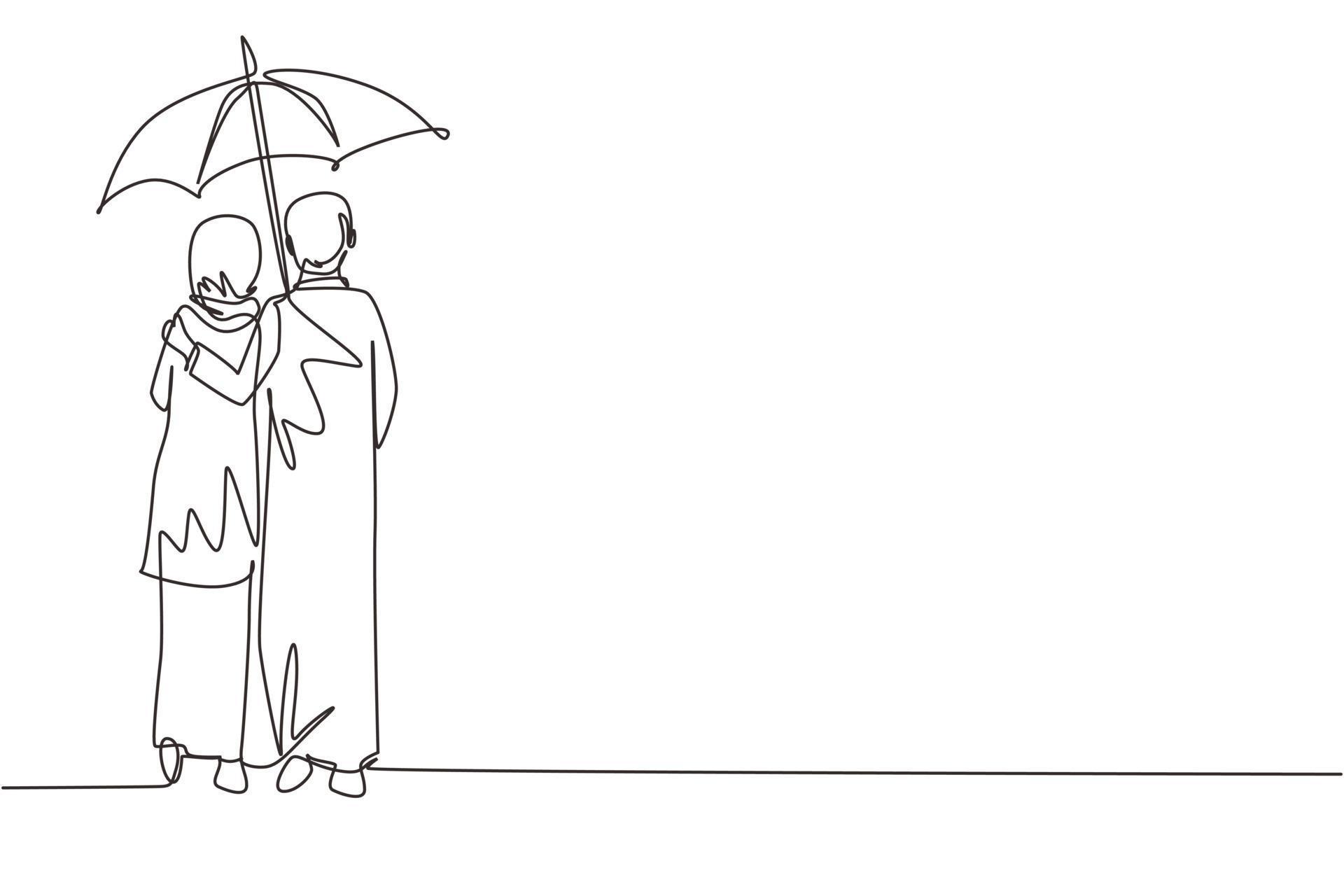 Continuous One Line Drawing Back View Lovers Couple In Rain Arabic