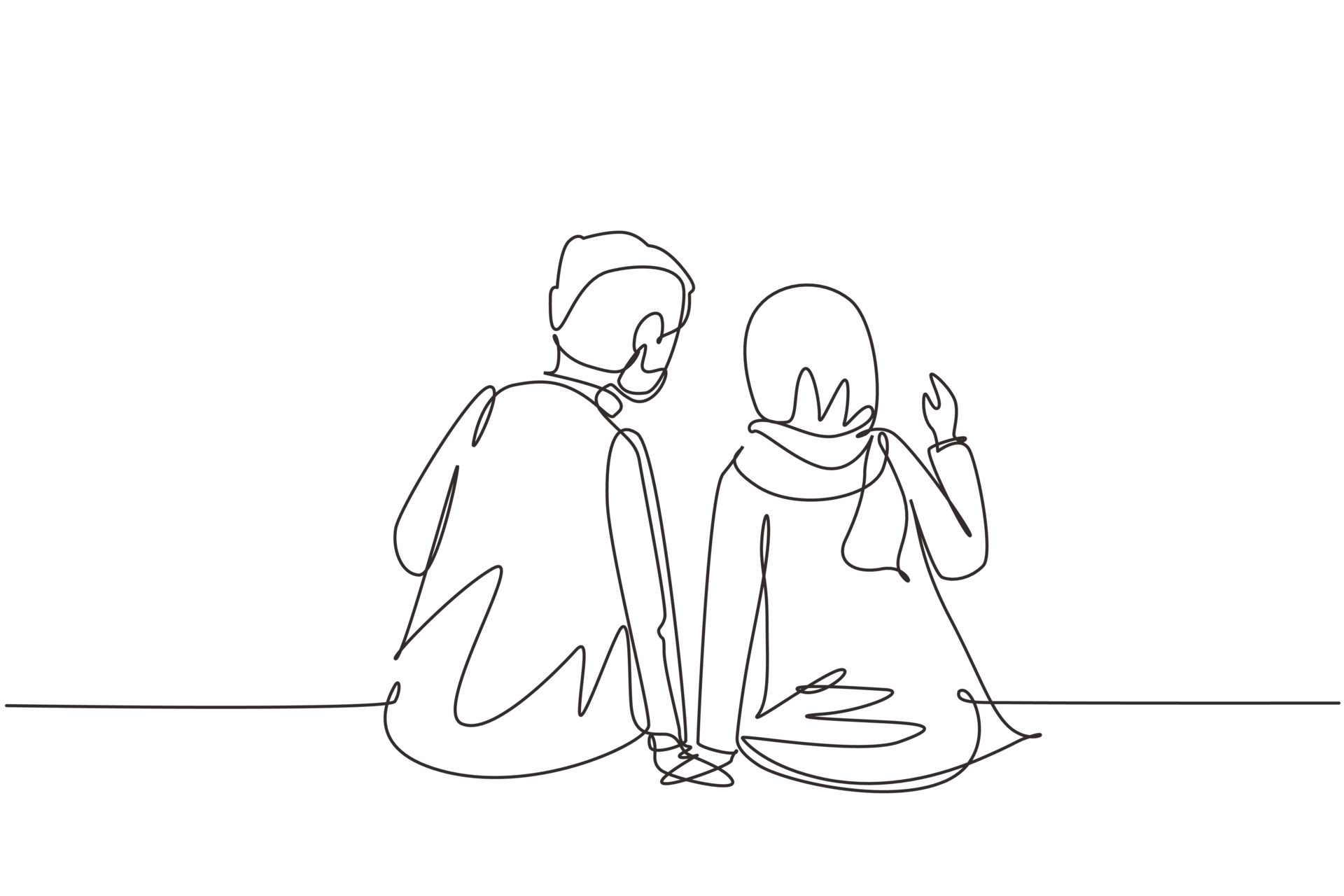 Continuous One Line Drawing Back View People In Love Sit Holding Hands