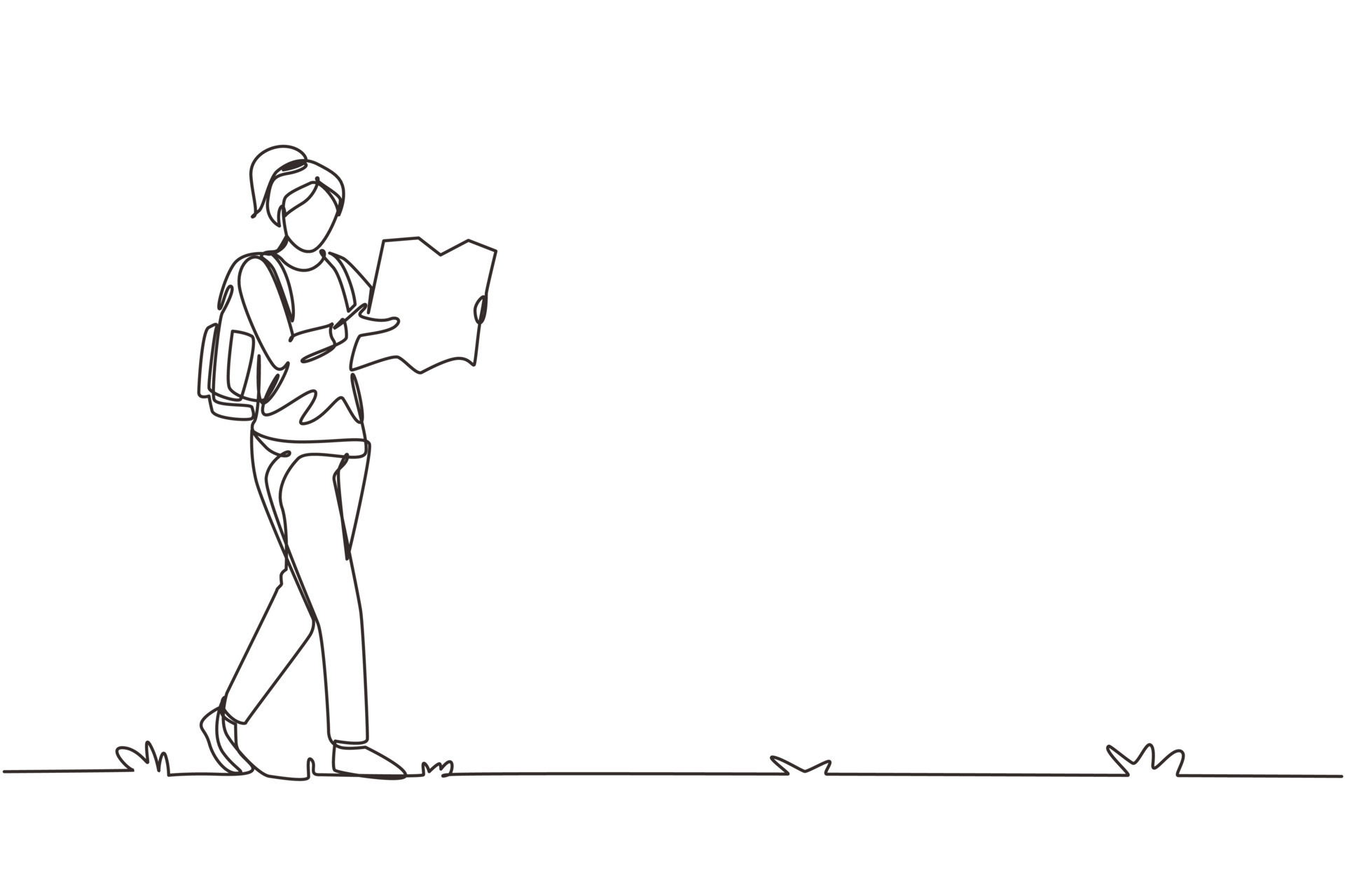 Single Continuous Line Drawing Woman Hiker With Map Exploring Forest