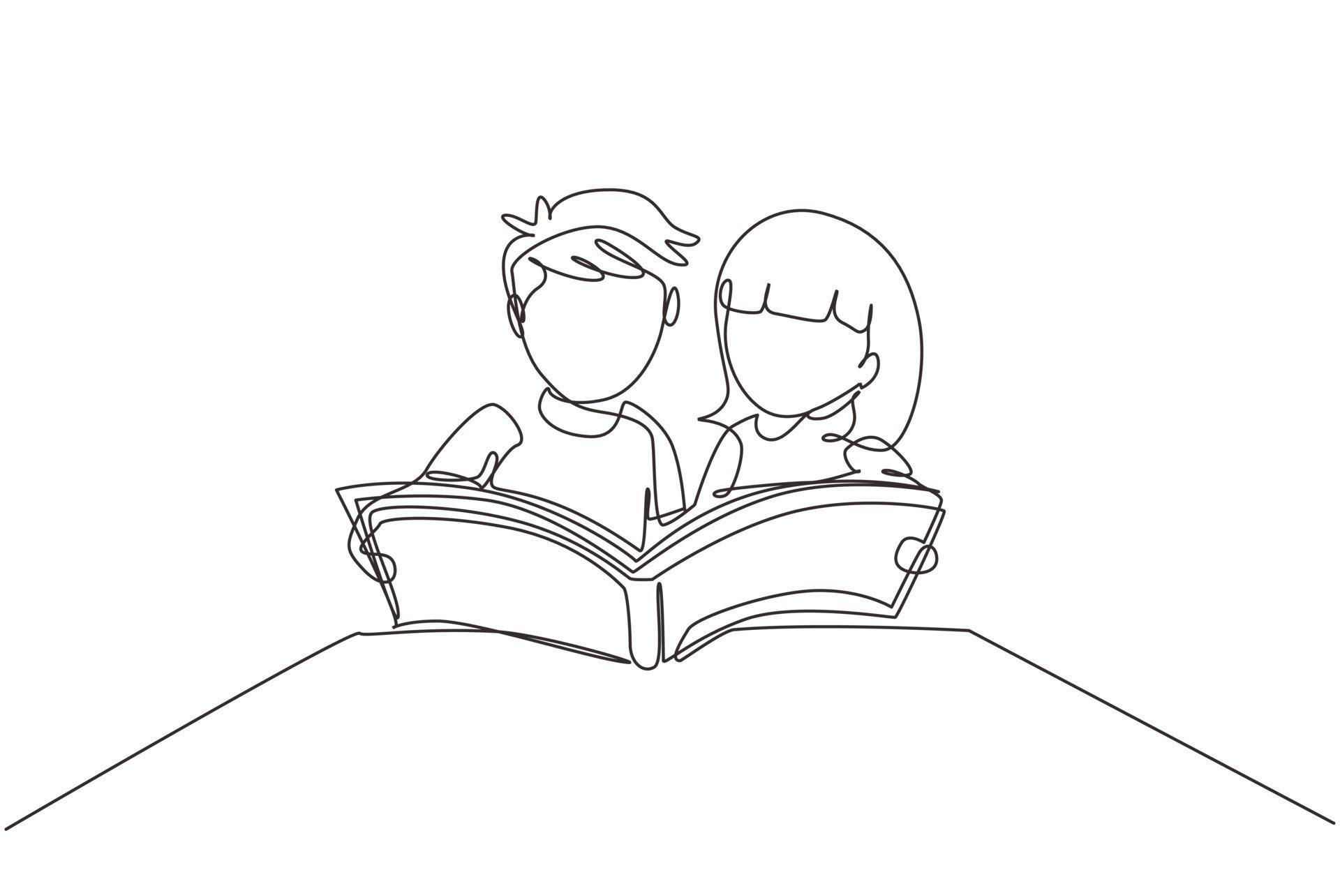 Continuous one line drawing kids, boy and girls reading book on table ...