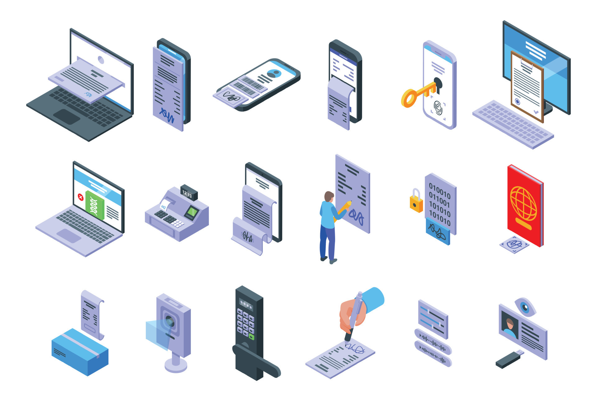 Handwriting Identification Icons Set Isometric Vector Access Approve