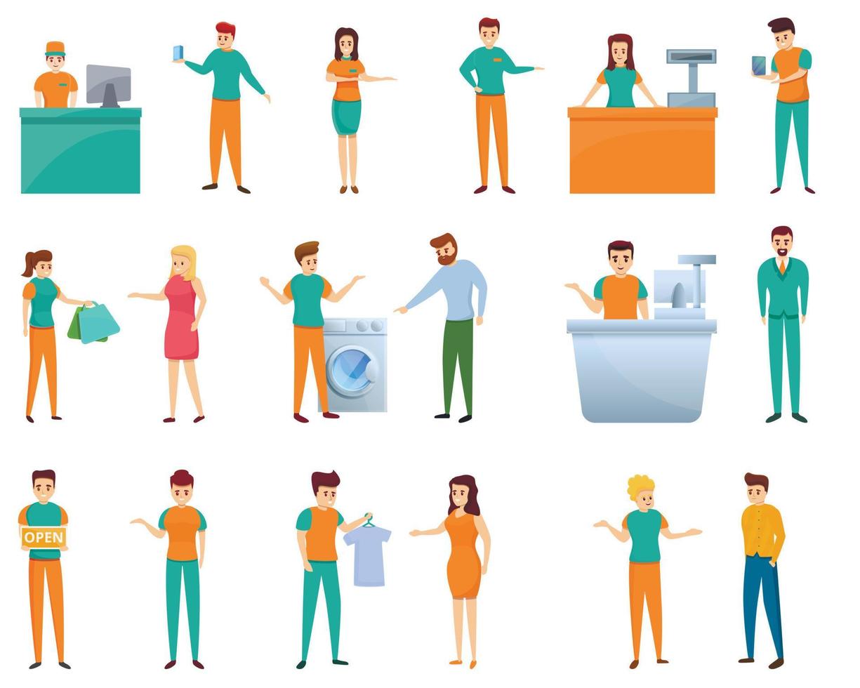 Shop Assistant Icons Set Cartoon Style 8997025 Vector Art At Vecteezy